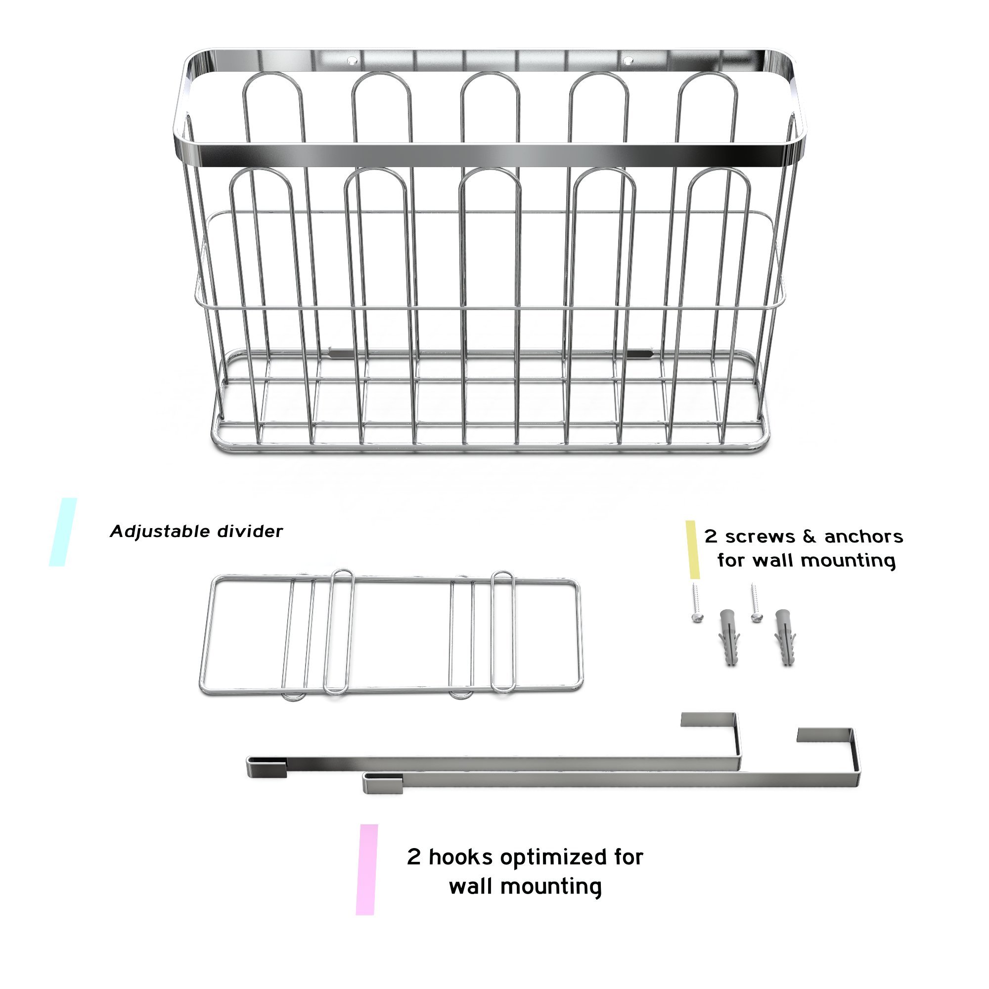 ULFR Over The Cabinet Door Kitchen Storage Organizer Basket, Space Saving Drawer Grid Holder for Cleaning Supplies, Bottles, Board, Chrome Finish with an Easy to Install Divider