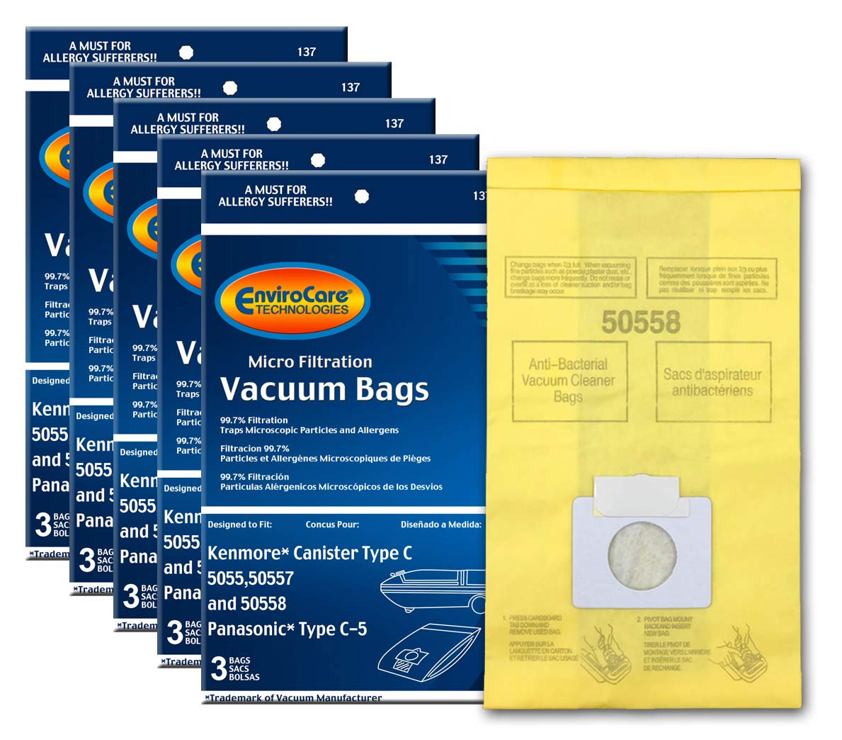 Envirocare Replacement Vacuum Cleaner Bags made to fit Kenmore Canister Type C/Q. 5055, 50557 and 50558 Panasonic Type C-5,15 pack