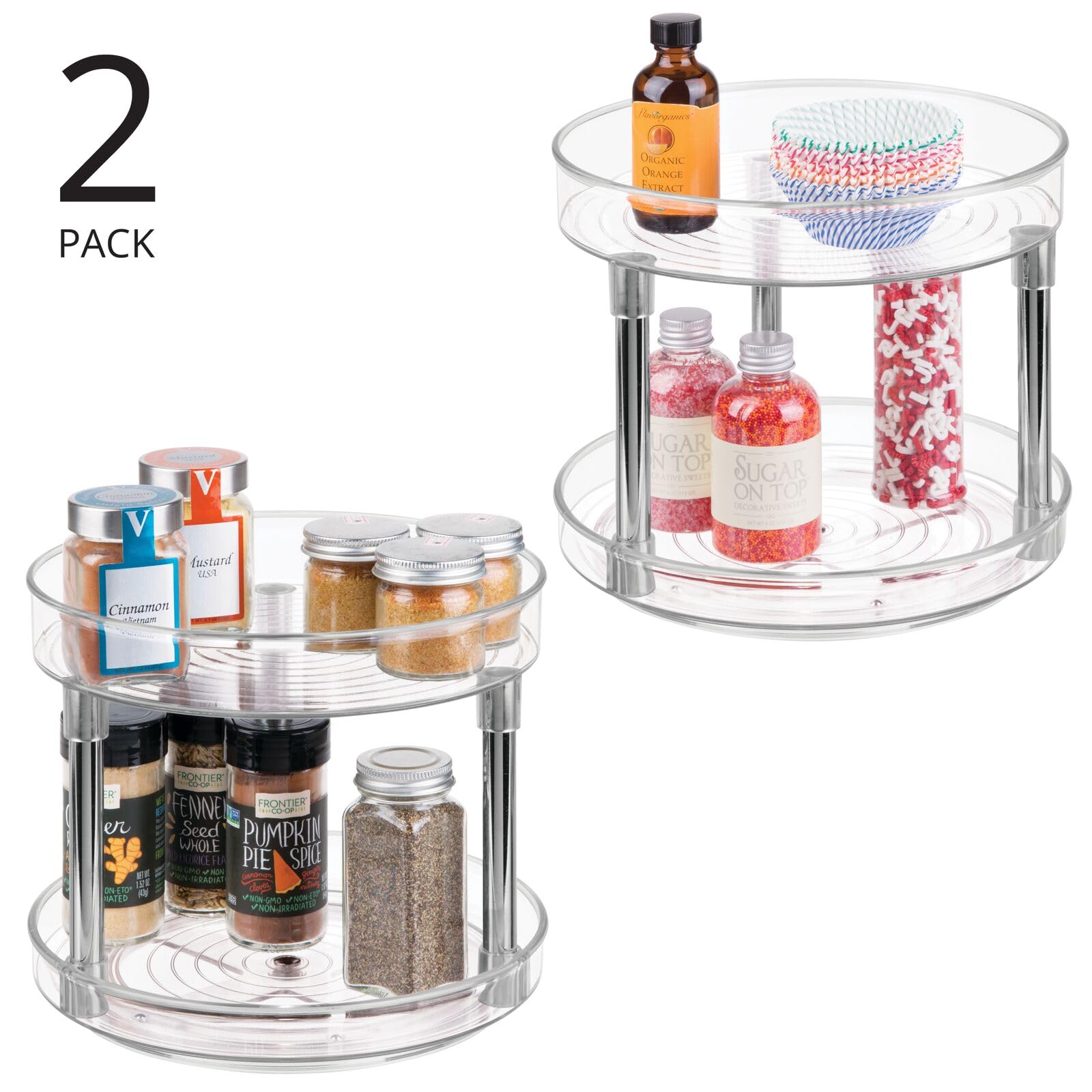mDesign 2 Tier Lazy Susan Turntable Food Storage Container for Cabinets, Pantry, Fridge, Countertops - Raised Edge, Spinning Organizer for Spices, Condiments - 9" Round, 2 Pack - Clear/Chrome