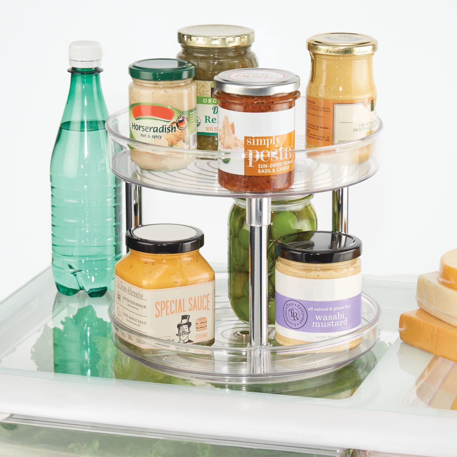 mDesign 2 Tier Lazy Susan Turntable Food Storage Container for Cabinets, Pantry, Fridge, Countertops - Raised Edge, Spinning Organizer for Spices, Condiments - 9" Round, 2 Pack - Clear/Chrome