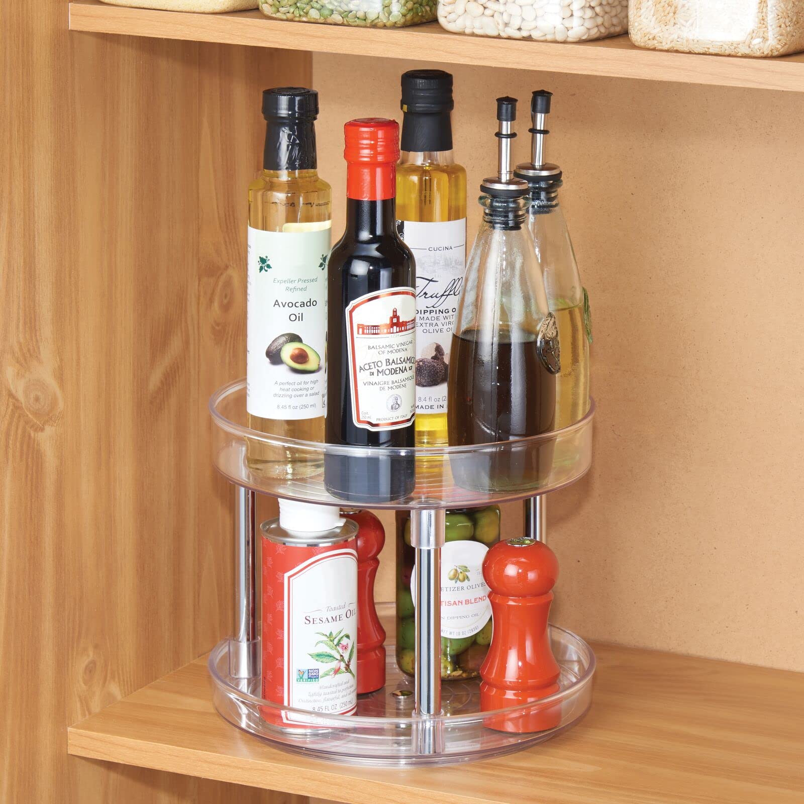 mDesign 2 Tier Lazy Susan Turntable Food Storage Container for Cabinets, Pantry, Fridge, Countertops - Raised Edge, Spinning Organizer for Spices, Condiments - 9" Round, 2 Pack - Clear/Chrome