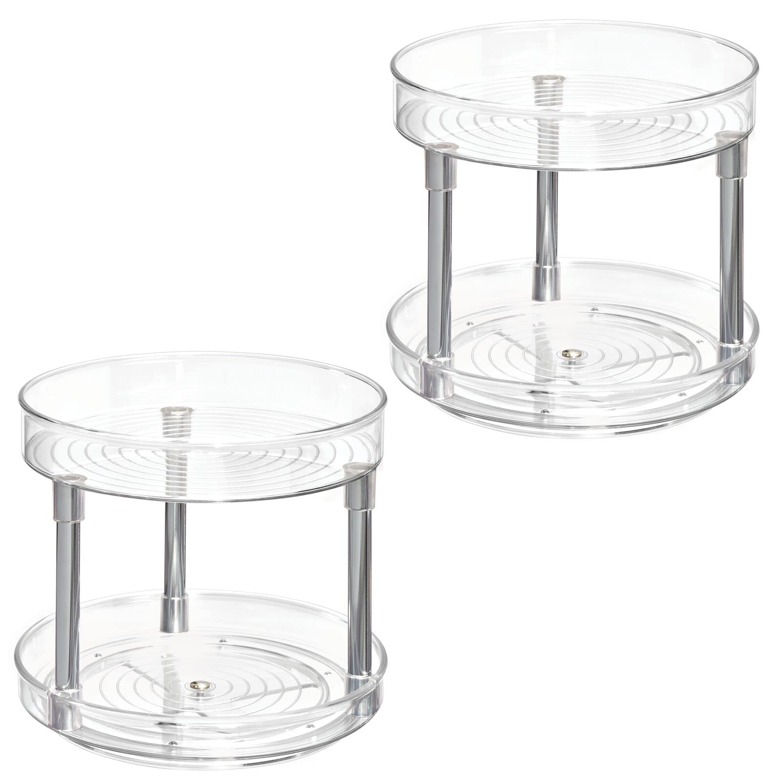 mDesign 2 Tier Lazy Susan Turntable Food Storage Container for Cabinets, Pantry, Fridge, Countertops - Raised Edge, Spinning Organizer for Spices, Condiments - 9" Round, 2 Pack - Clear/Chrome