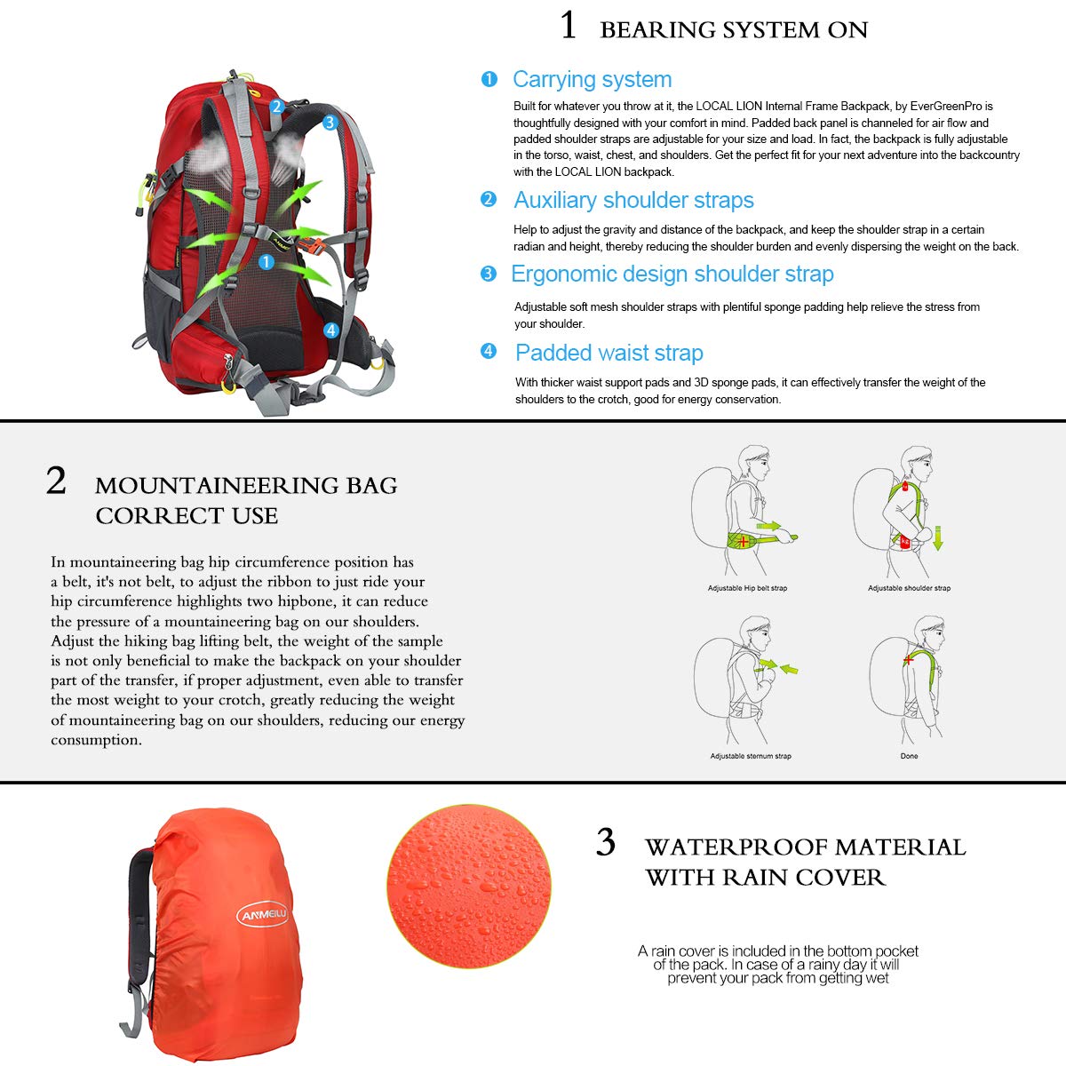 LOCALLION 40L Hiking Backpack Large Capacity Camping Daypacks Lightweight Travel Backpacks for Men Women