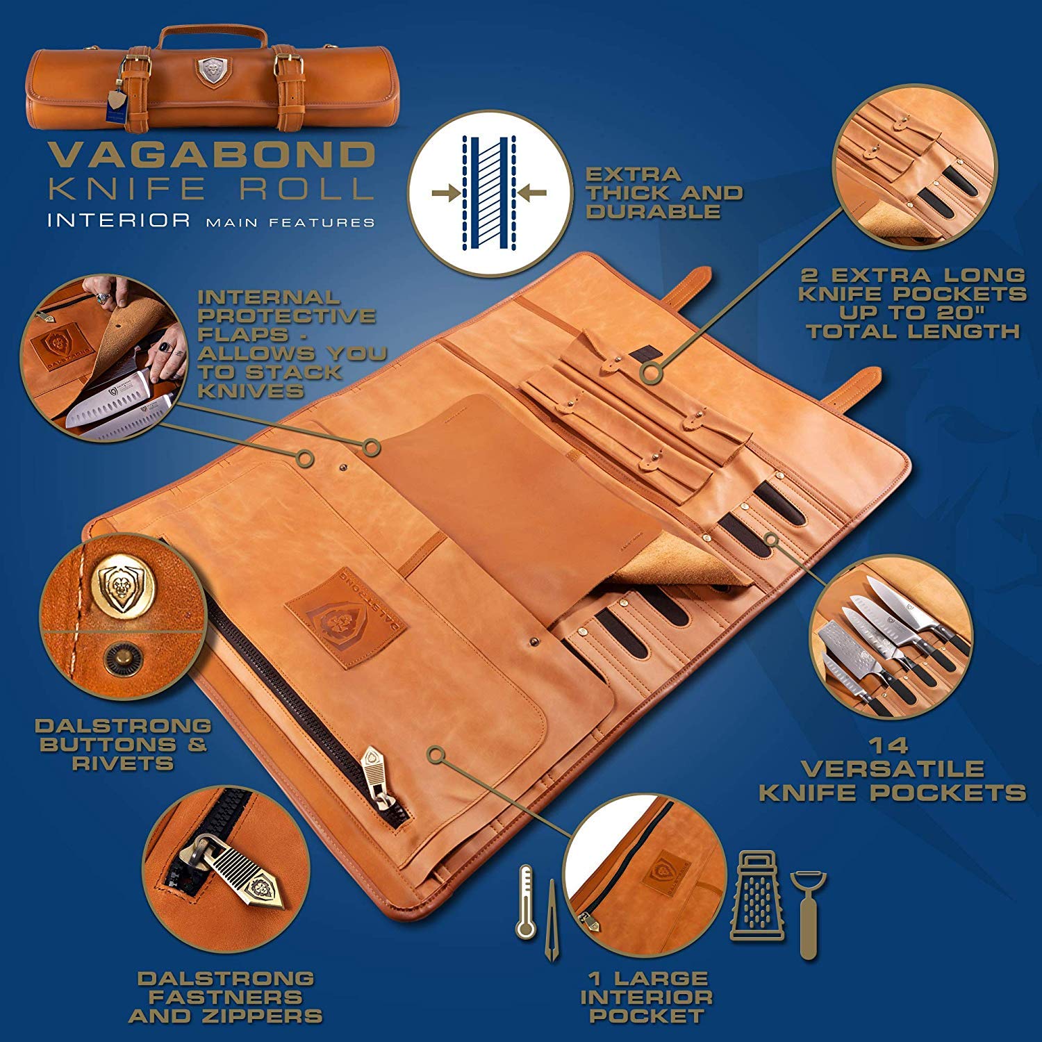 Dalstrong - Large Chef Knife Roll Bag - Brazilian Leather - California Brown - Vagabond Series - 16 Slots - Interior and Rear Zippered Pockets - Blade Travel Storage/Case