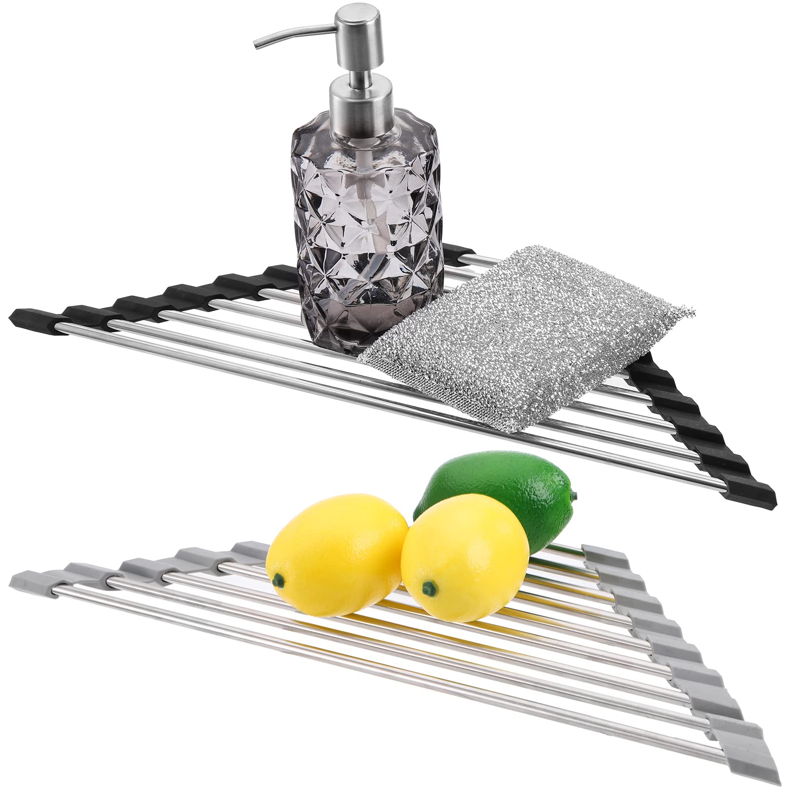Fasmov 2 Pack Dish Drying Rack, 304-Stainless Steel Sink Organizer for Sponge, Brush, Scrubber, Soap Dispenser Holder, Corner Dish Drying Rack, Gray & Black