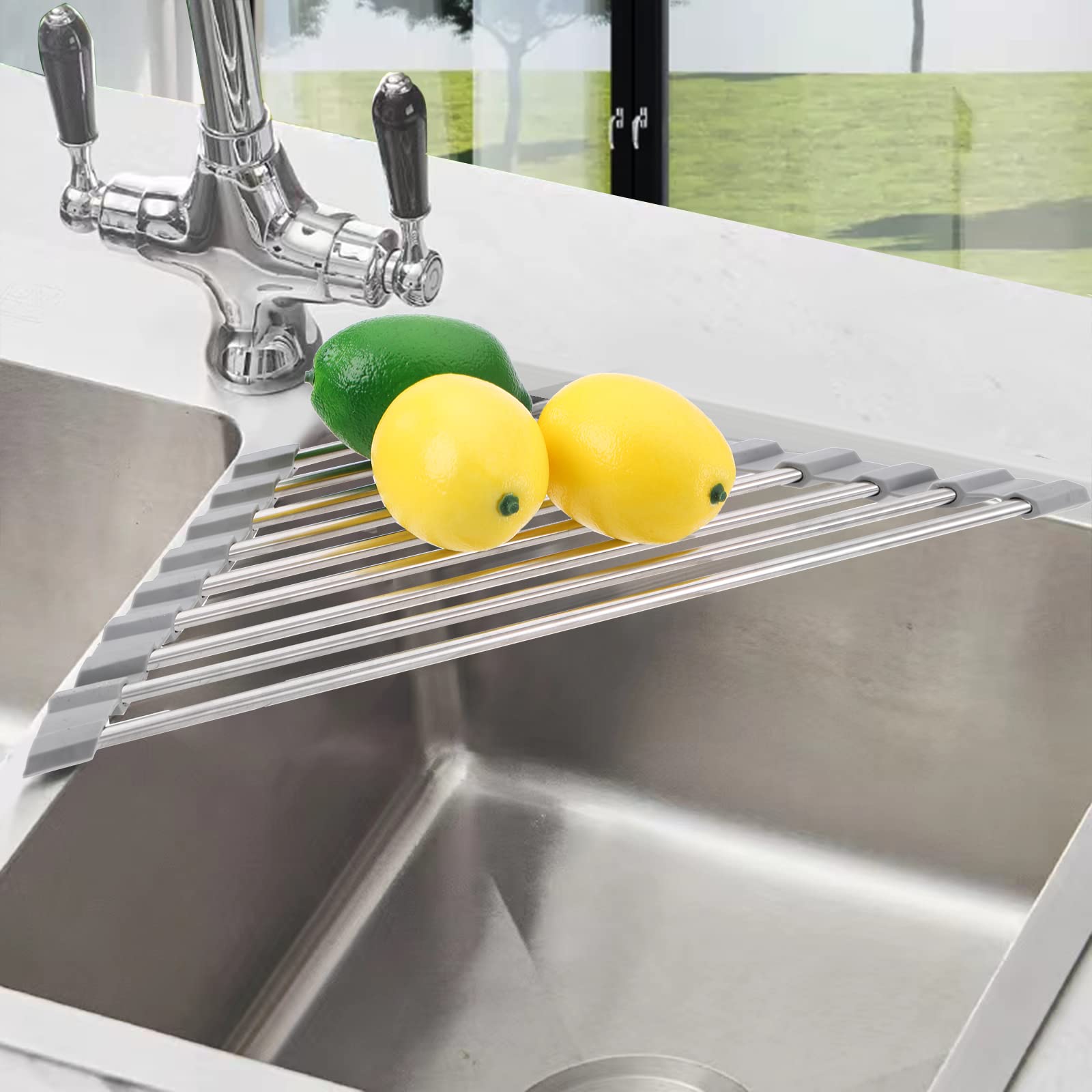 Fasmov 2 Pack Dish Drying Rack, 304-Stainless Steel Sink Organizer for Sponge, Brush, Scrubber, Soap Dispenser Holder, Corner Dish Drying Rack, Gray & Black