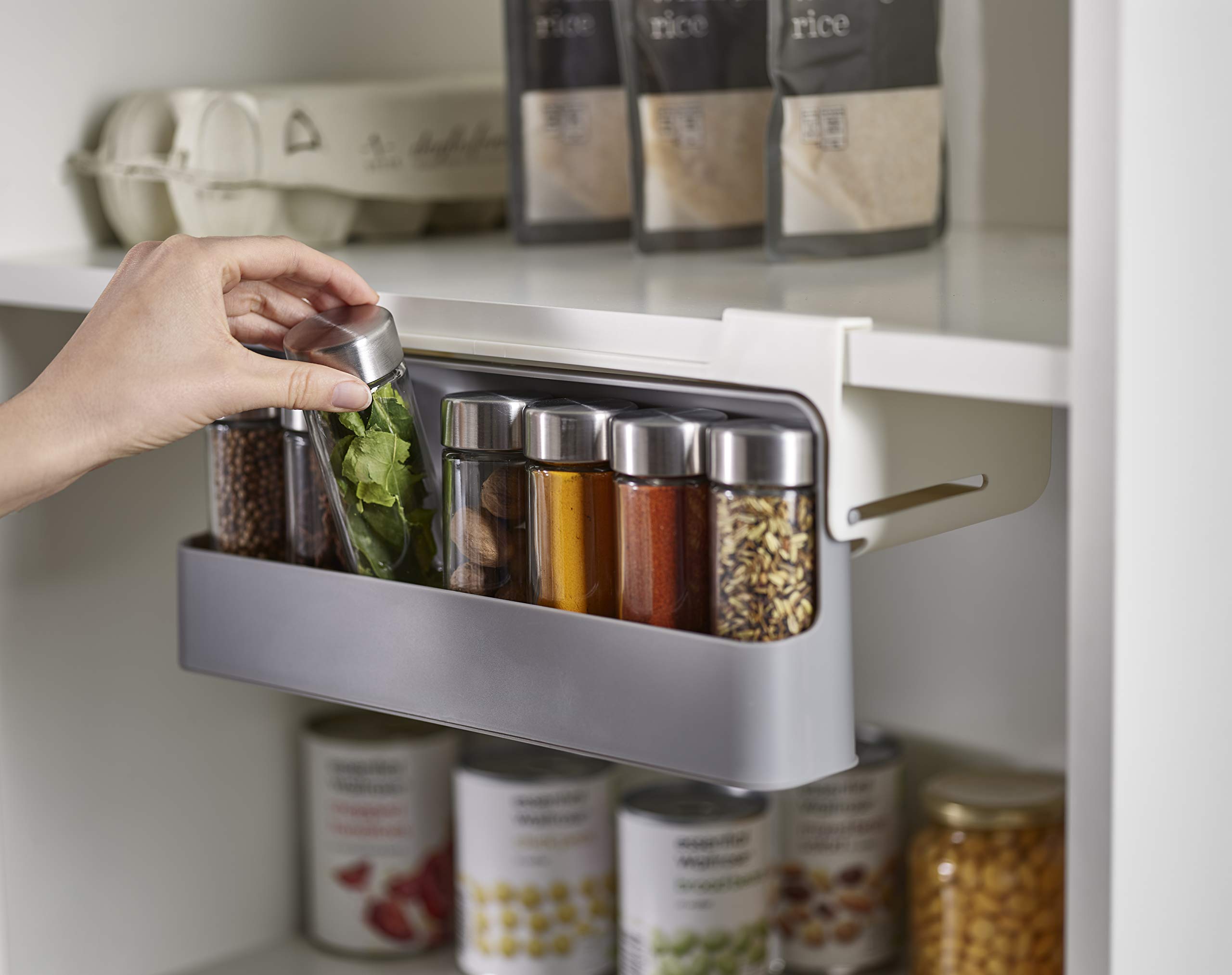 Joseph Joseph CupboardStore Spice Organizer 3M Tape Under-Shelf Pull Out Drawer Storage for Cabinet, One-size, Gray/White & 85177 CupboardStore Plastic Wrap, Foil and Bag Cabinet Organizer - Gray