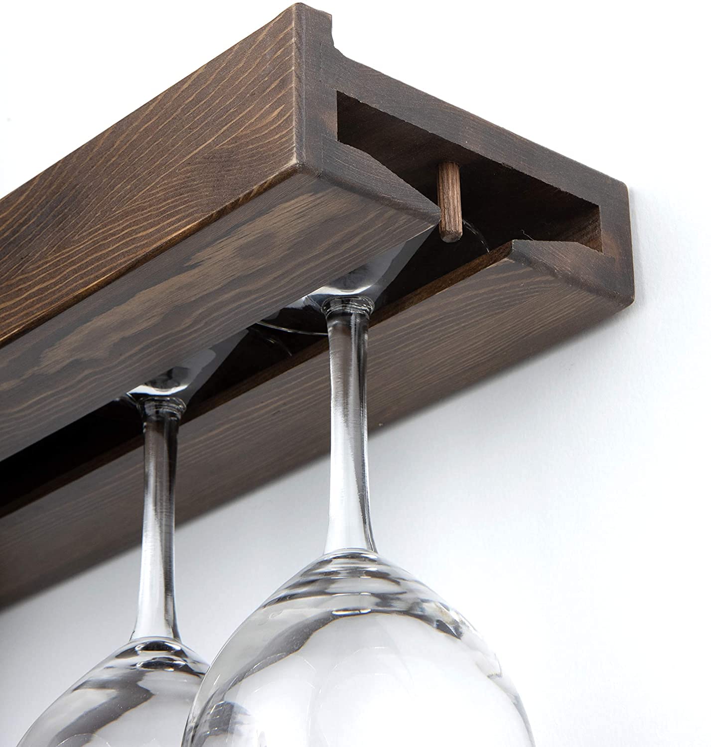 Rustic State Smith Wall Mounted Wood Floating Wine Bottle Rack with Glassware Holder Stemware Shelf Storage Organizer - Home, Kitchen, Dining Room Bar Décor - Walnut - Set of 2