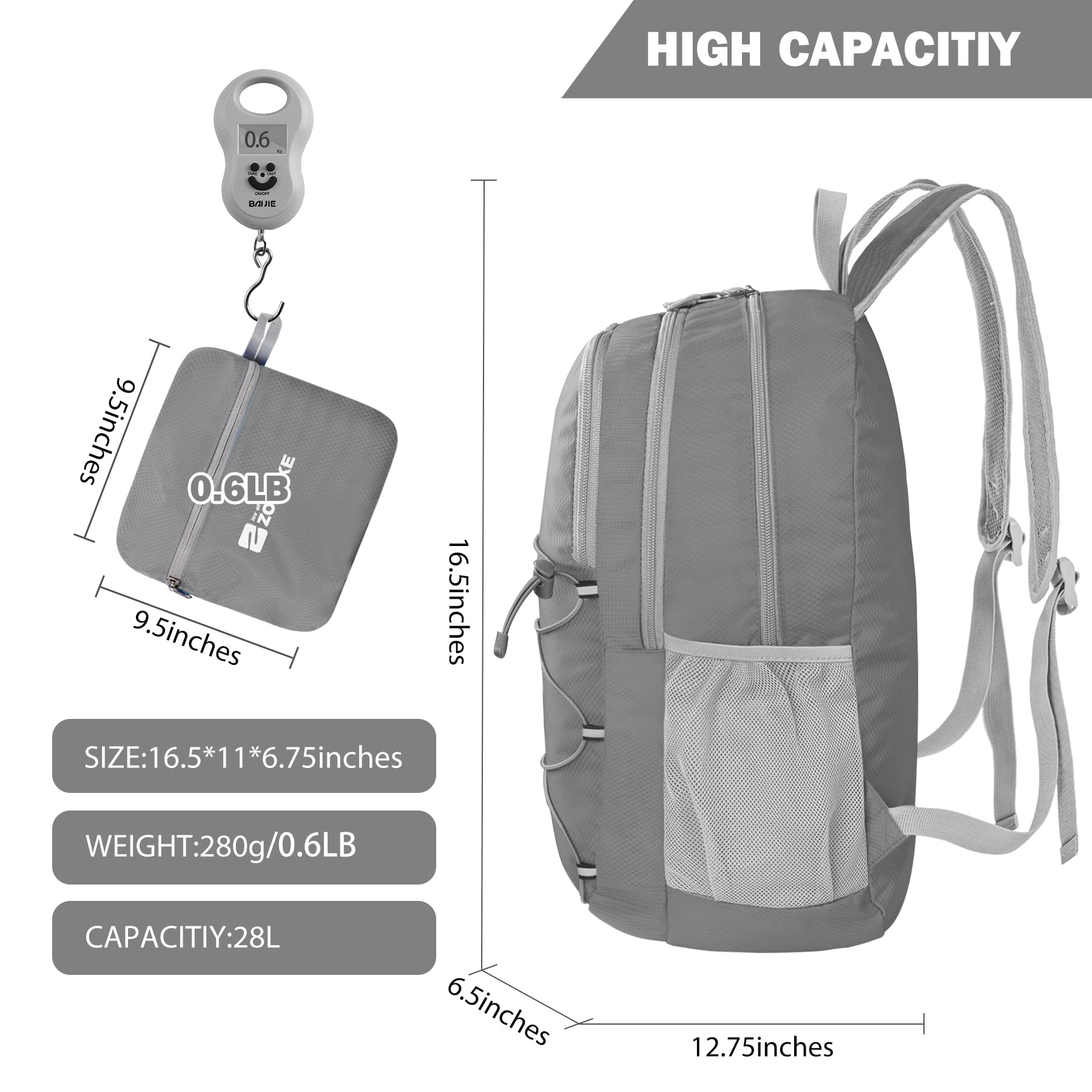 ZOMAKE 28L Packable Backpack:Lightweight Hiking Backpacks - Foldable Water Resistant Back Pack for Travel Camping Outdoor Hiking Day Pack (Medium grey)