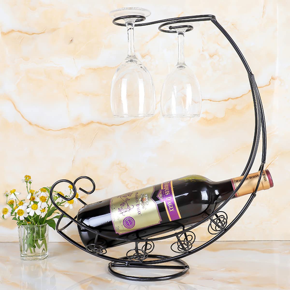 Homya Tabletop Metal Wine Bottle Rack Elevated Vertical Countertop Wine Glass Display Organizer, Dining Table Offers Wine Glasses as Gifts, Holds 1 Bottle 2 Glasses, Plating Craft Black