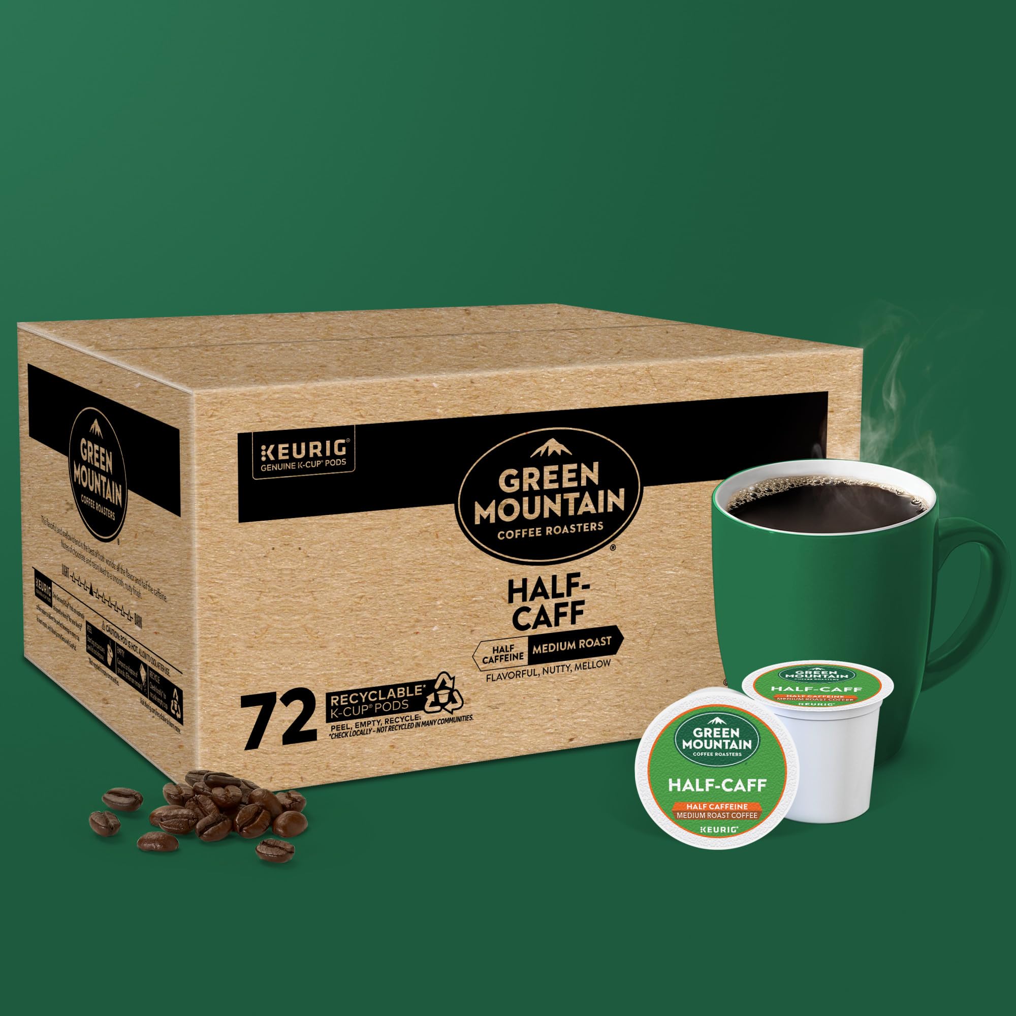 Green Mountain Coffee Roasters Half Caff, Single-Serve Keurig K-Cup Pods, Medium Roast Coffee, 12 Count (Pack of 6), Total 72 Count