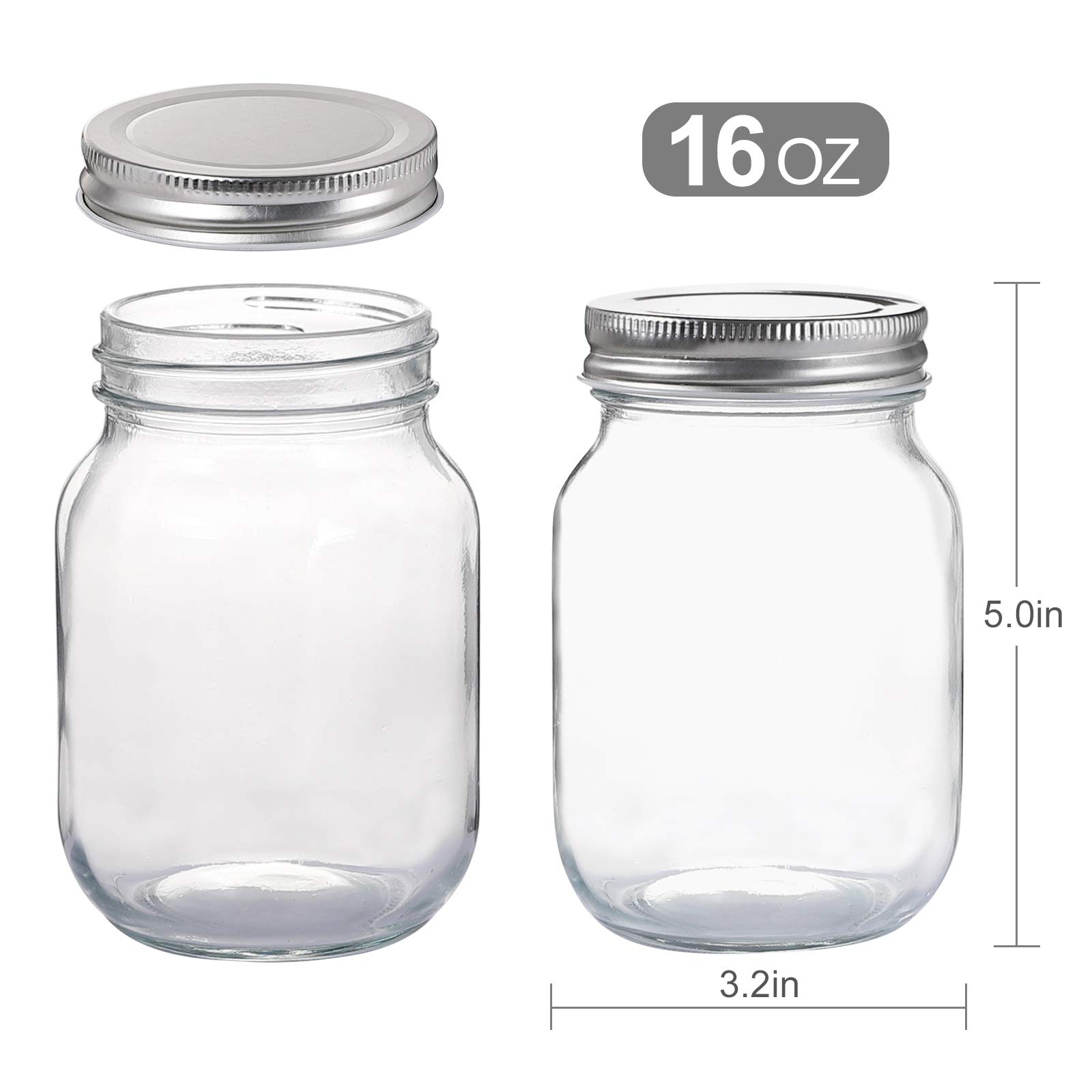 Glass Regular Mouth Mason Jars, 16 oz Clear Glass Jars with Silver Metal Lids for Sealing, Canning Jars for Food Storage, Overnight Oats, Dry Food, Snacks, Candies, DIY Projects (4PACK)
