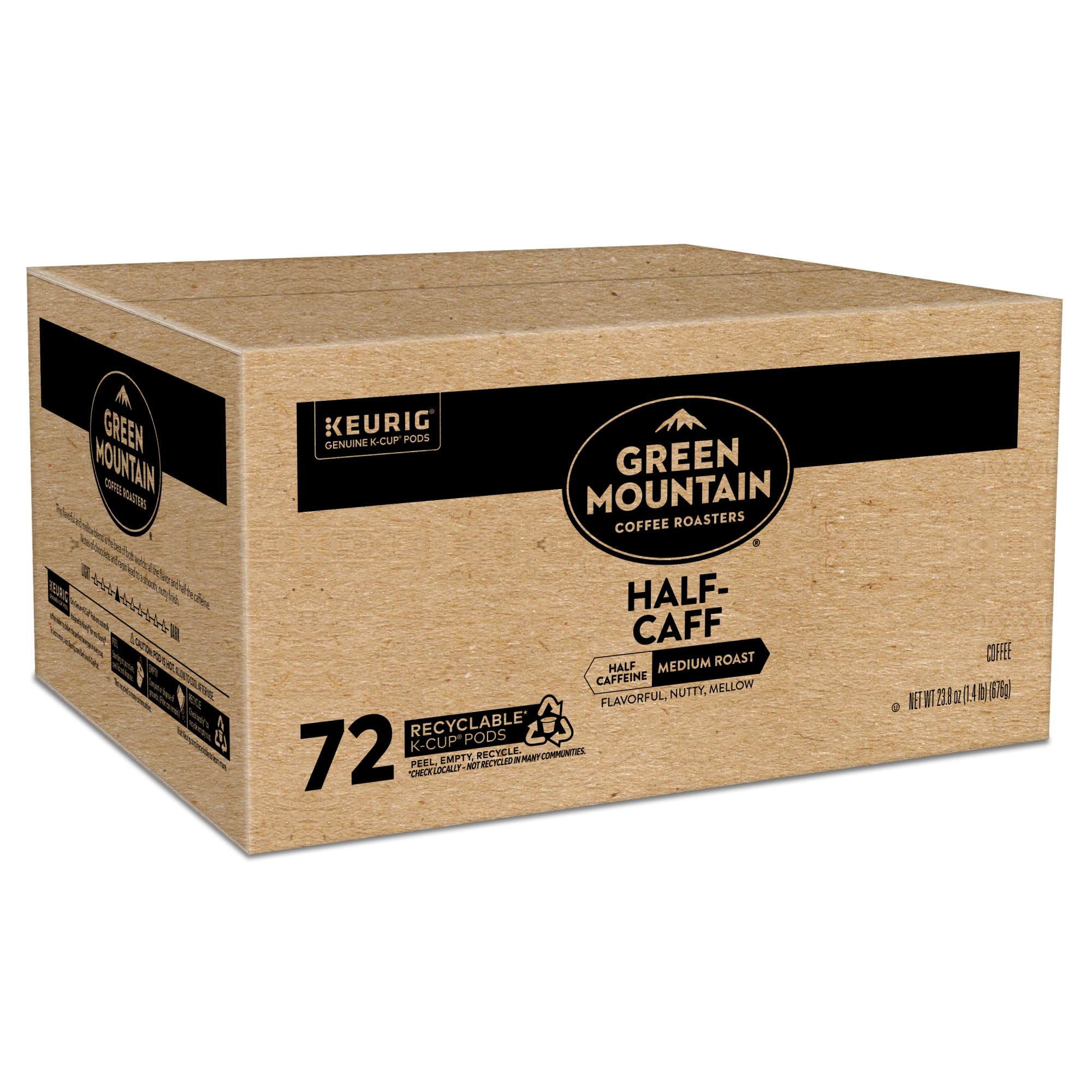 Green Mountain Coffee Roasters Half Caff, Single-Serve Keurig K-Cup Pods, Medium Roast Coffee, 12 Count (Pack of 6), Total 72 Count