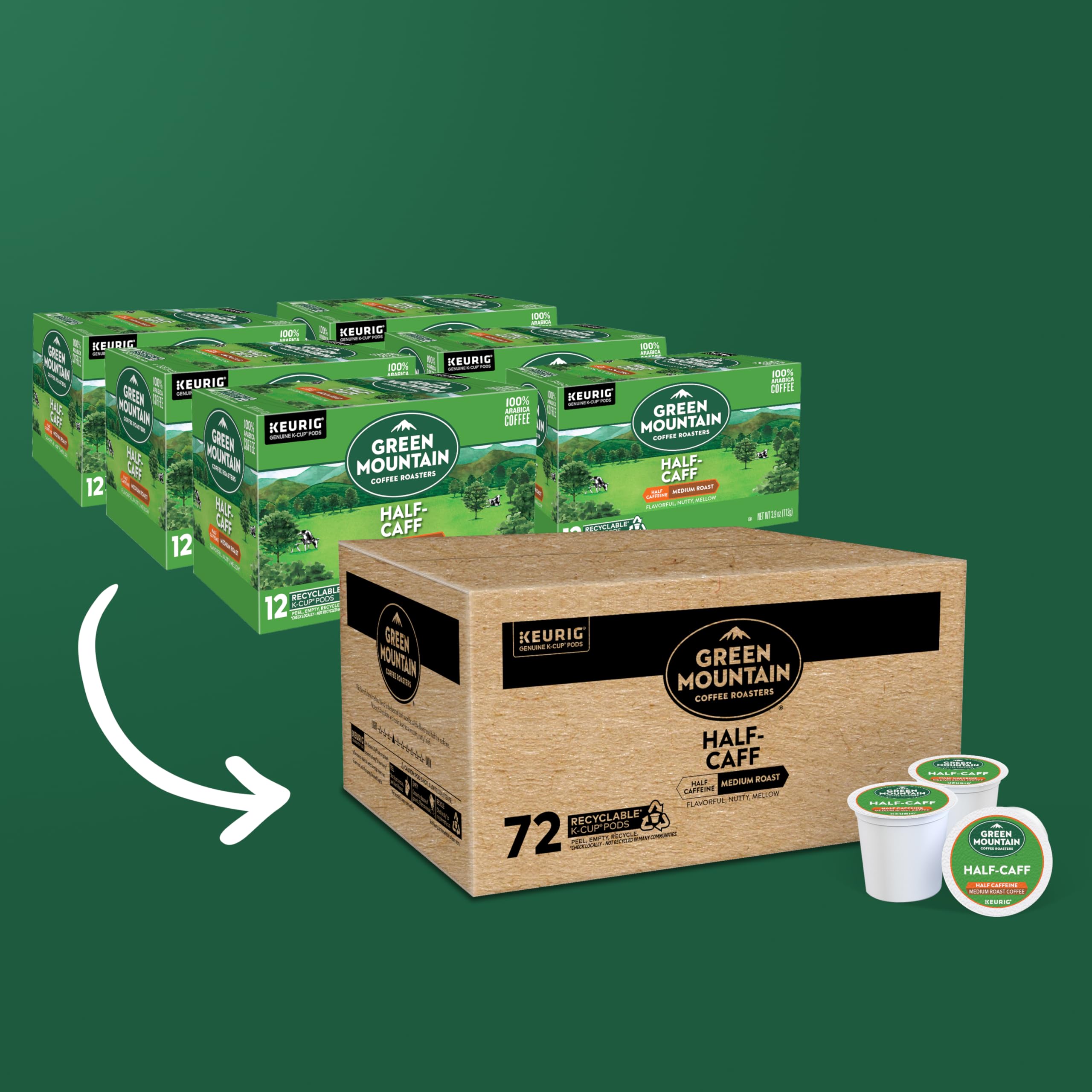 Green Mountain Coffee Roasters Half Caff, Single-Serve Keurig K-Cup Pods, Medium Roast Coffee, 12 Count (Pack of 6), Total 72 Count
