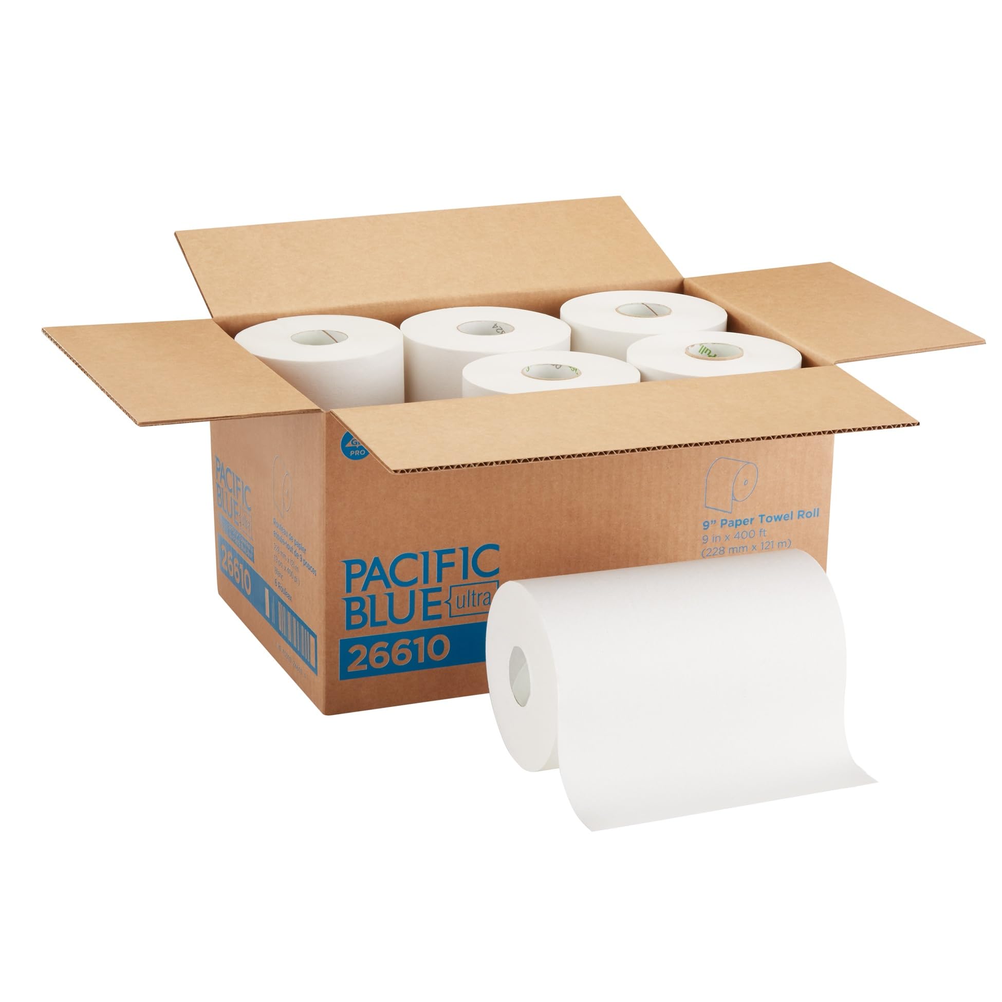Pacific Blue Ultra 9” Paper Towel Roll (Previously Branded SofPull) by GP PRO (Georgia-Pacific), White, 26610, 400 Feet Per Roll, 6 Rolls Per Case