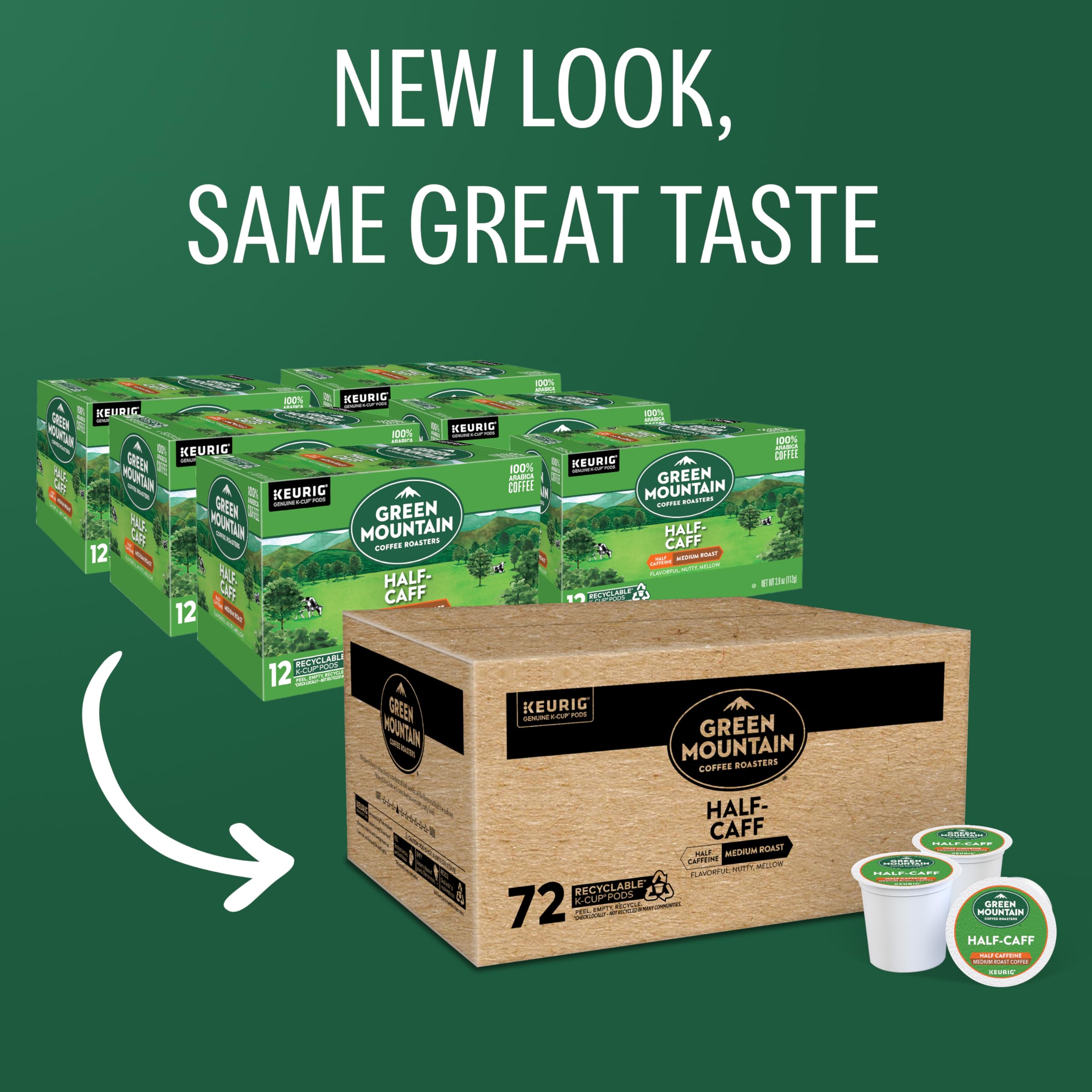 Green Mountain Coffee Roasters Half Caff, Single-Serve Keurig K-Cup Pods, Medium Roast Coffee, 12 Count (Pack of 6), Total 72 Count