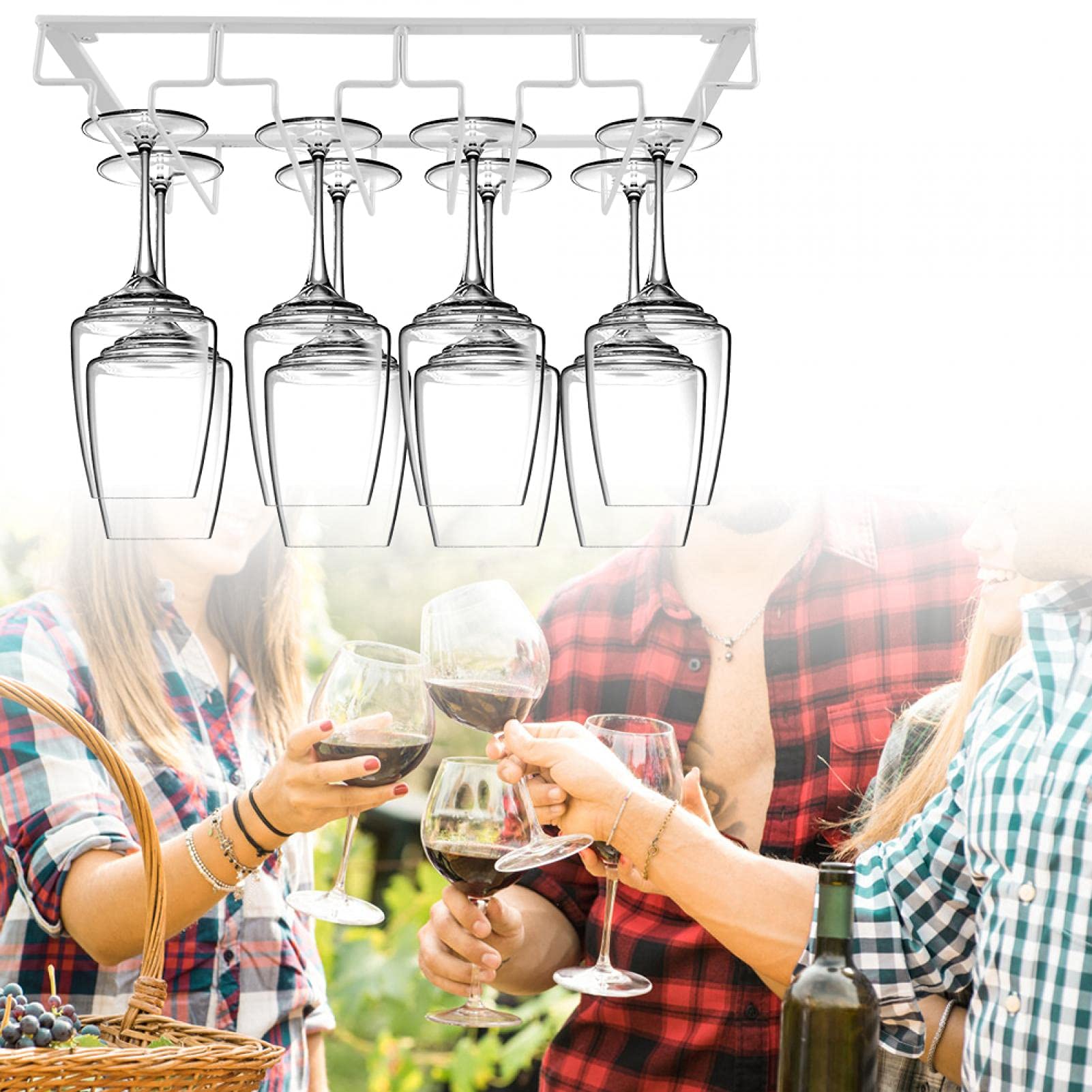Wine Glasses Rack, Under Cabinet Stemware Glasses Racks Holder Wire Rail Hanging Drying Shelf Organizer Whisky Tasting Metal Hanger Glassware Cupboard for Bar Kitchen Restaurant RV 4 Rows(White)