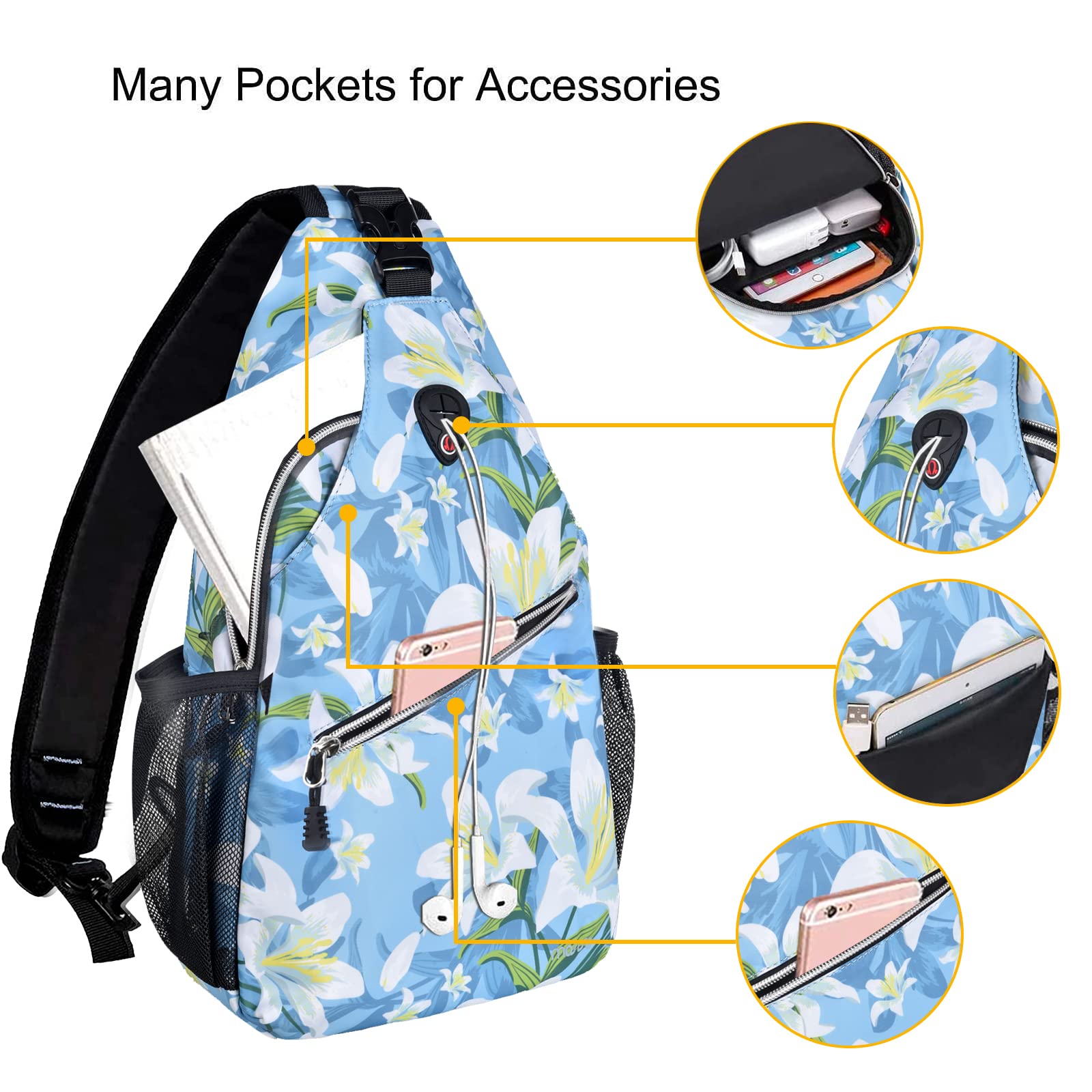 MOSISO Sling Backpack, Multipurpose Travel Hiking Daypack Rope Crossbody Shoulder Bag, Hedychium