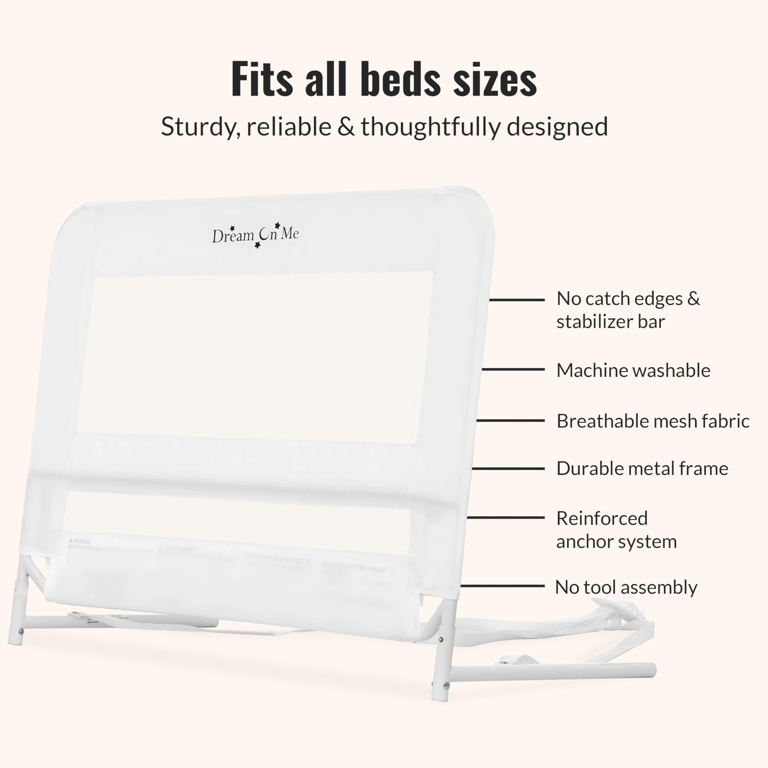 Dream On Me Lightweight Mesh Security Adjustable Bed Rail for Toddler with Breathable Mesh Fabric in White