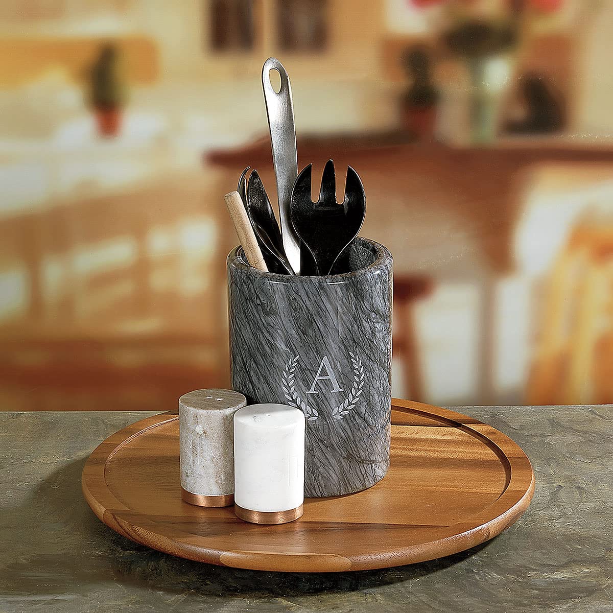 Laurel Initial White Marble Personalized Lazy Susan - Etched 12-Inch Diameter Turntable Tray, Kitchen Counter and Dining Room Table Stand, Smooth Rotating Base, White, by Lillian Vernon