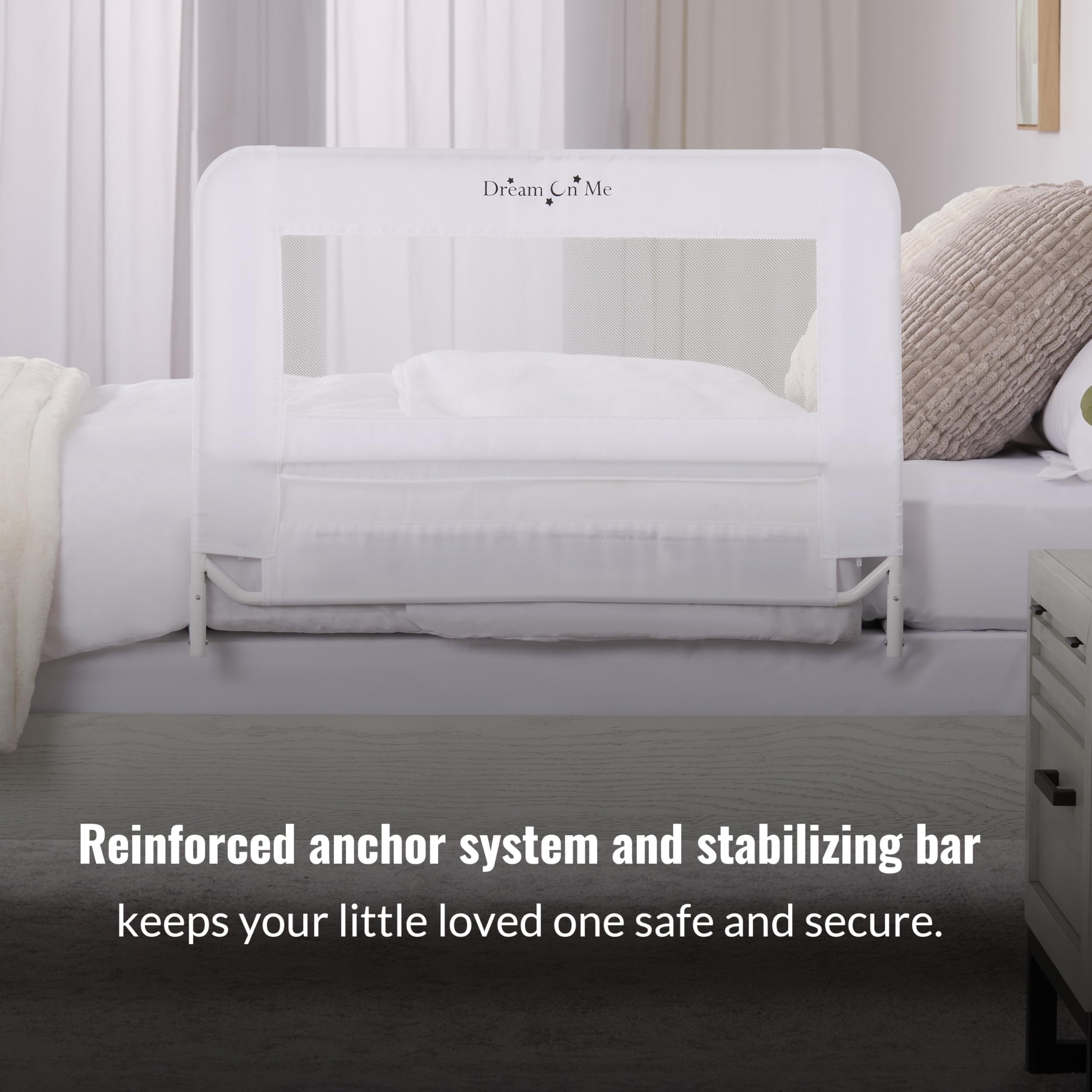 Dream On Me Lightweight Mesh Security Adjustable Bed Rail for Toddler with Breathable Mesh Fabric in White