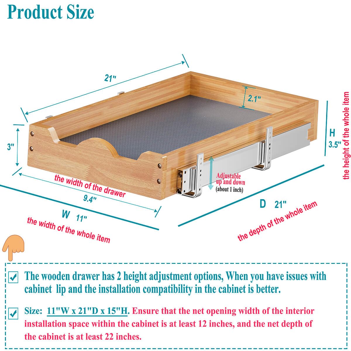 OCG Pull Out Drawers for Cabinets 11" W x 21" D, Slide Out Wood Drawer Shelf, Pull Out Shelves for Base Cabinet Organization in Kitchen, Pantry, Bathroom