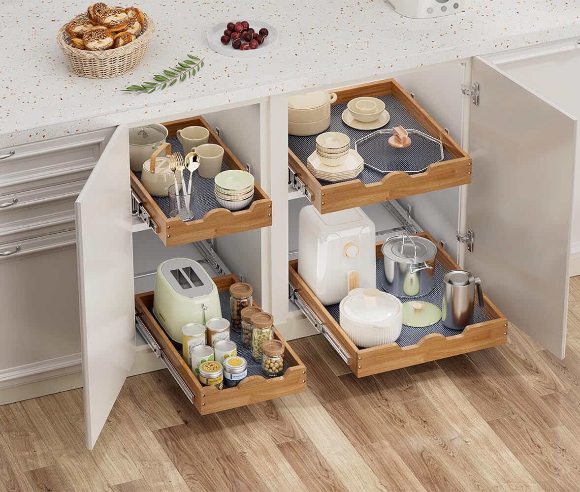 OCG Pull Out Drawers for Cabinets 11" W x 21" D, Slide Out Wood Drawer Shelf, Pull Out Shelves for Base Cabinet Organization in Kitchen, Pantry, Bathroom