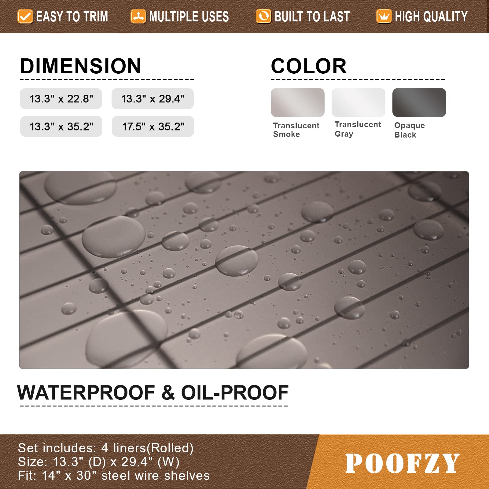 Poofzy Heavy Duty Wire Shelf Liner 14 x 24 Inch, Non Adhesive Shelf Liners for Kitchen Cabinets (Pack of 5, Grey)