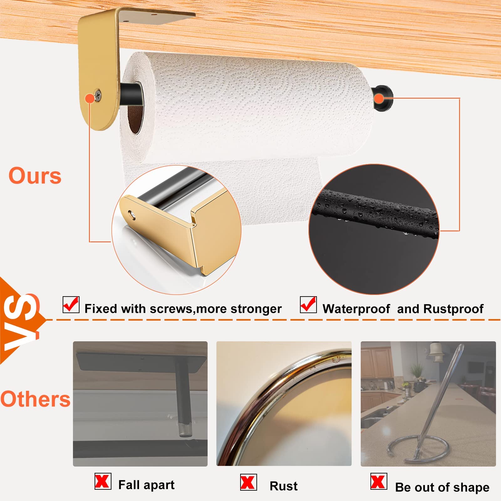 BICHONG Paper Towel Holder Under Cabinet,Self Adhesive or Drilling Stainless Steel Under Cabinet Paper Towel Holder,Paper Towel Holder Wall Mount for Kitchen, Bathroom, 12in