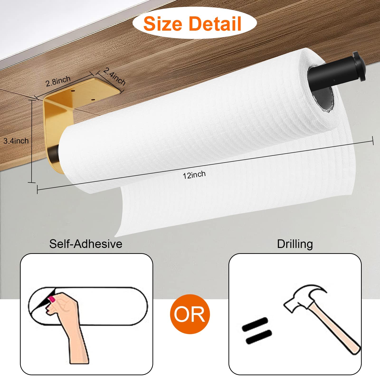 BICHONG Paper Towel Holder Under Cabinet,Self Adhesive or Drilling Stainless Steel Under Cabinet Paper Towel Holder,Paper Towel Holder Wall Mount for Kitchen, Bathroom, 12in