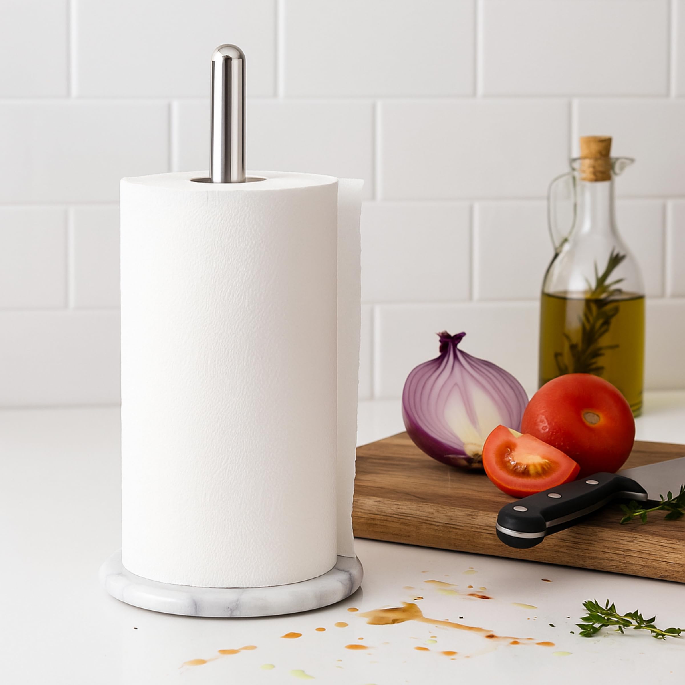 Creative Home Natural Marble Base Paper Holder Kitchen Towel Dispenser with Chrome Plated Pole, 5-1/2" Diam. x 12-5/8" H, Off-White (patterns may vary)