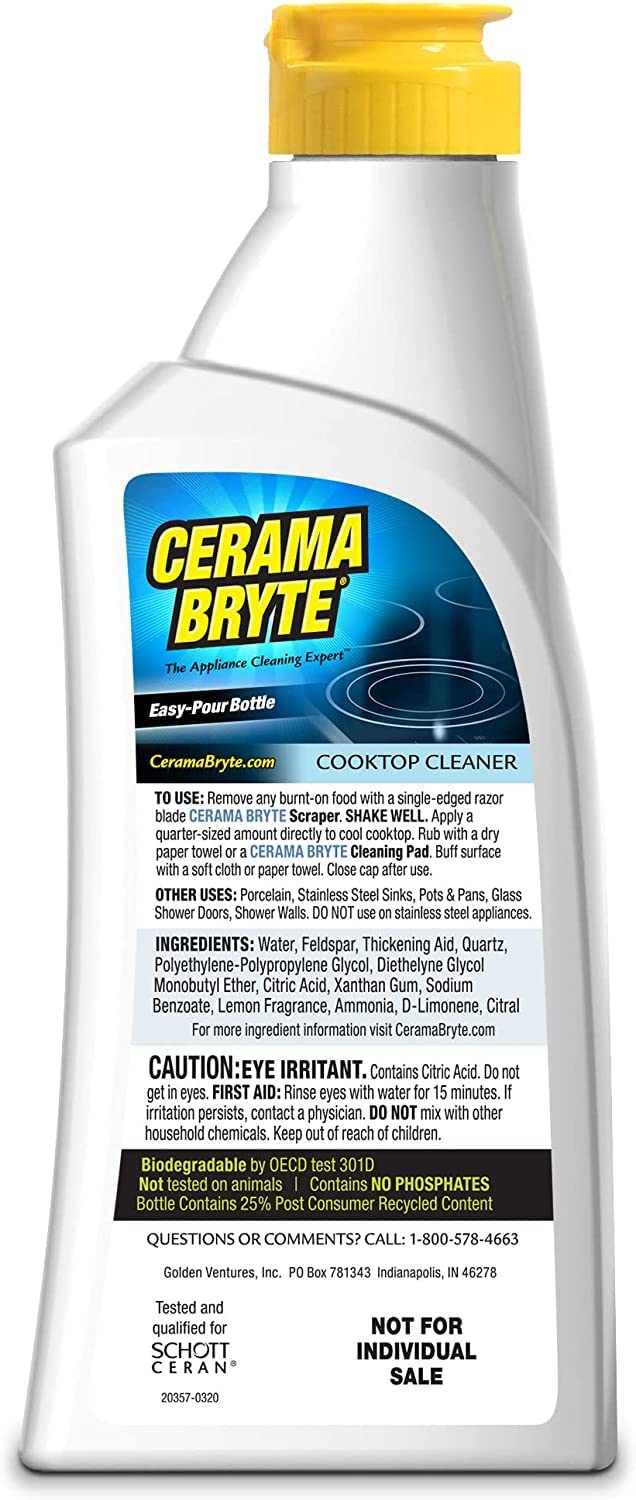 Cerama Bryte Combo Kit POW-R Grip, Scraper, Pads & Removes Tough Stains Cooktop and Stove Top Cleaner for Glass - Ceramic Surfaces, 10 Ounces, 6 Piece
