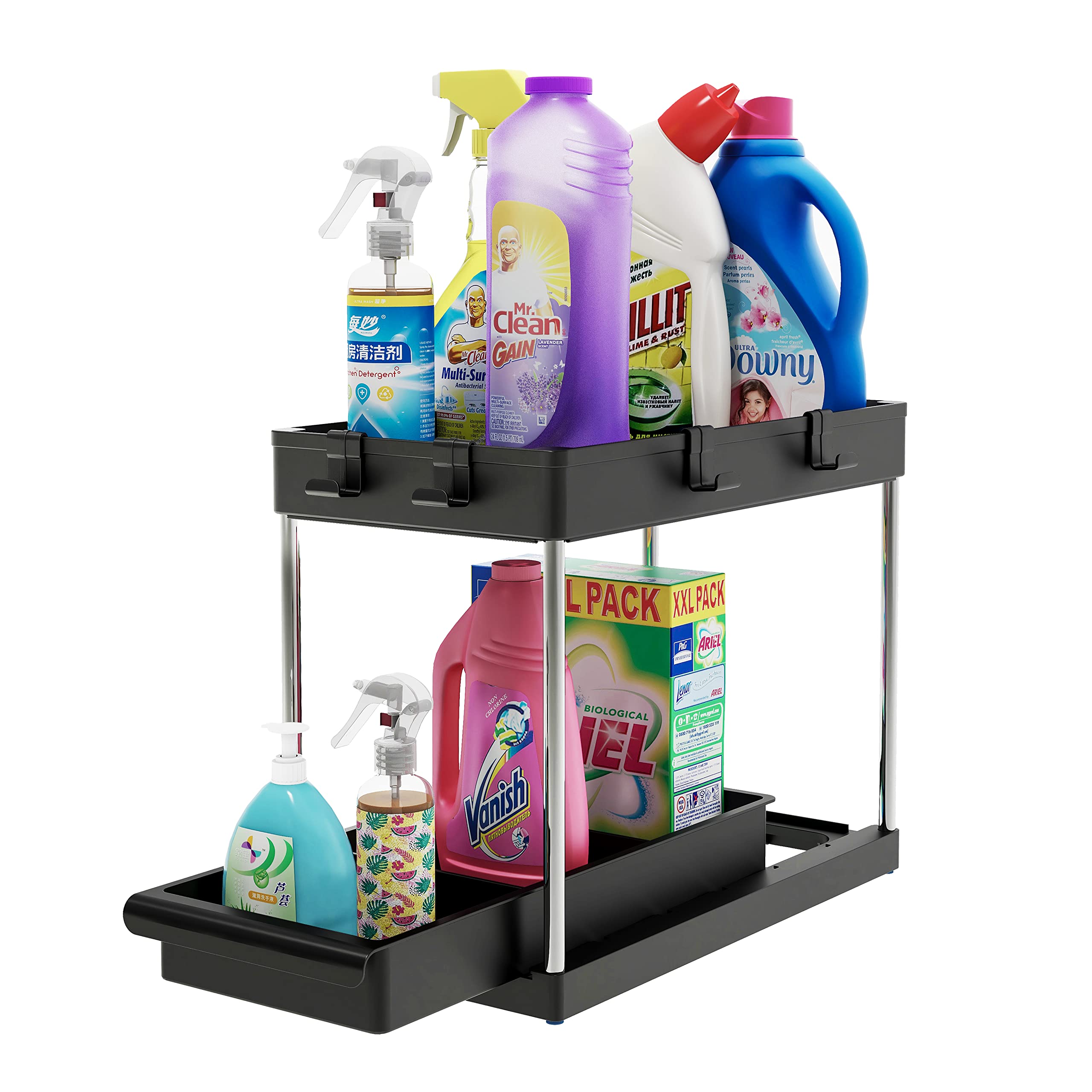 QualiapeX 2-Tier Under Sink Organizer, Kitchen Organization, Cabinet Storage Drawer Organizer with Hooks, Dividers, Handles, Bathroom Organizer, Easy-Grip & Hold-Out Sliding Drawer (Black 1 Pack)