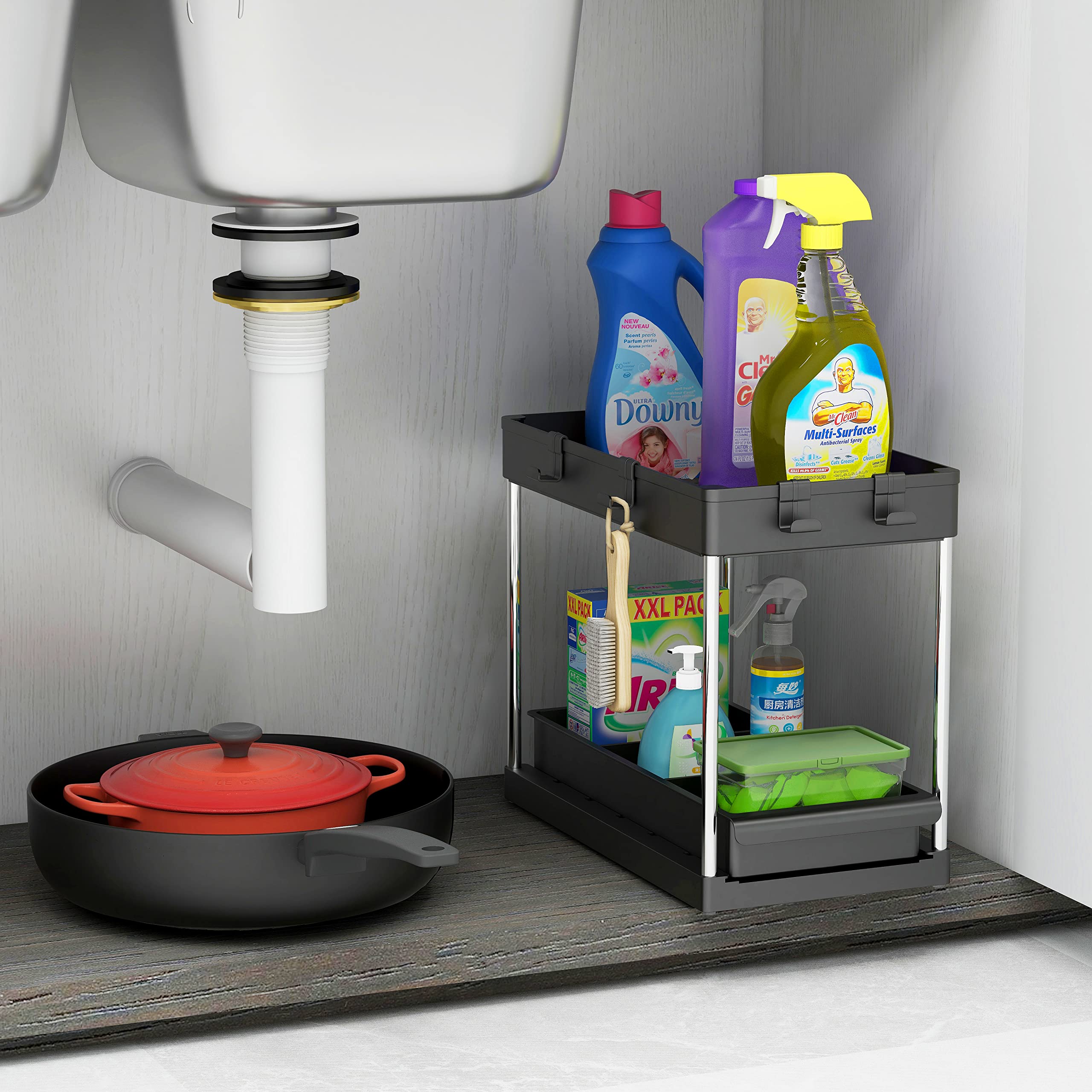 QualiapeX 2-Tier Under Sink Organizer, Kitchen Organization, Cabinet Storage Drawer Organizer with Hooks, Dividers, Handles, Bathroom Organizer, Easy-Grip & Hold-Out Sliding Drawer (Black 1 Pack)