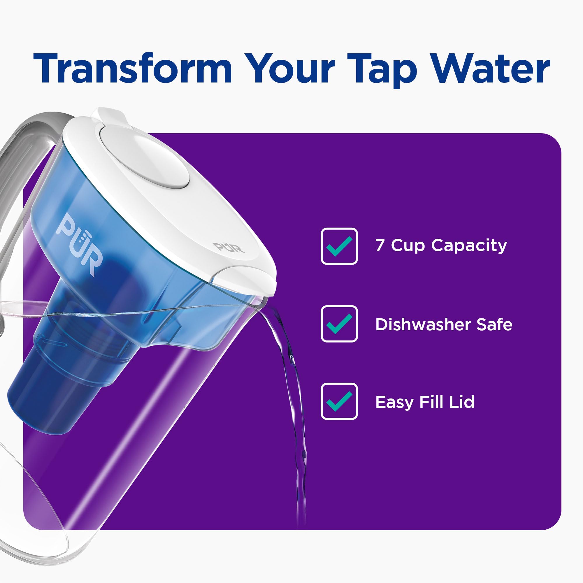PUR Water Pitcher Filtration System, 7 Cup, Clear/Blue