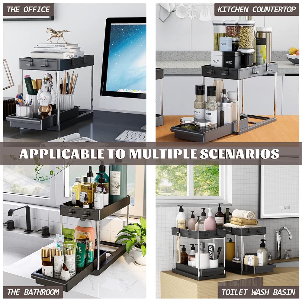 QualiapeX 2-Tier Under Sink Organizer, Kitchen Organization, Cabinet Storage Drawer Organizer with Hooks, Dividers, Handles, Bathroom Organizer, Easy-Grip & Hold-Out Sliding Drawer (Black 1 Pack)