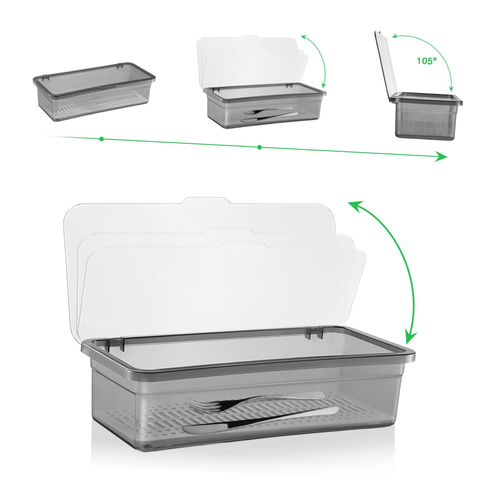 DOITOOL Flatware Tray with Lid and Drainer Kitchen Drawer Organizer, Kitchen Cutlery Tray and Utensil Drawer Organizer with Cover, Countertop Silverware Storage Container, 2.8x10x3.9