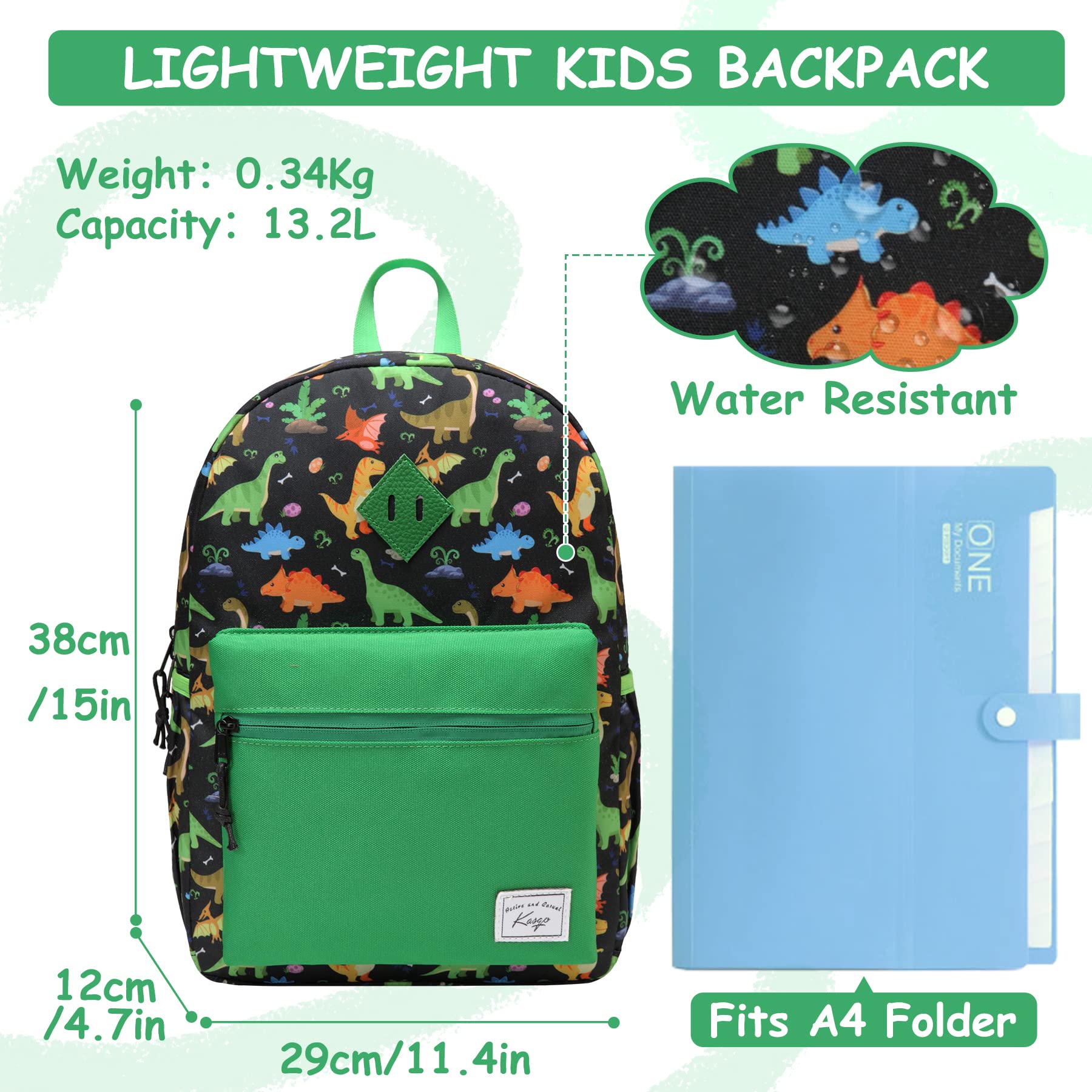 Kids Backpack, Kasqo Water Resistant Lightweight Preschool Toddler Bookbag with Chest Strap for Boys and Girls, Black Dinosaur