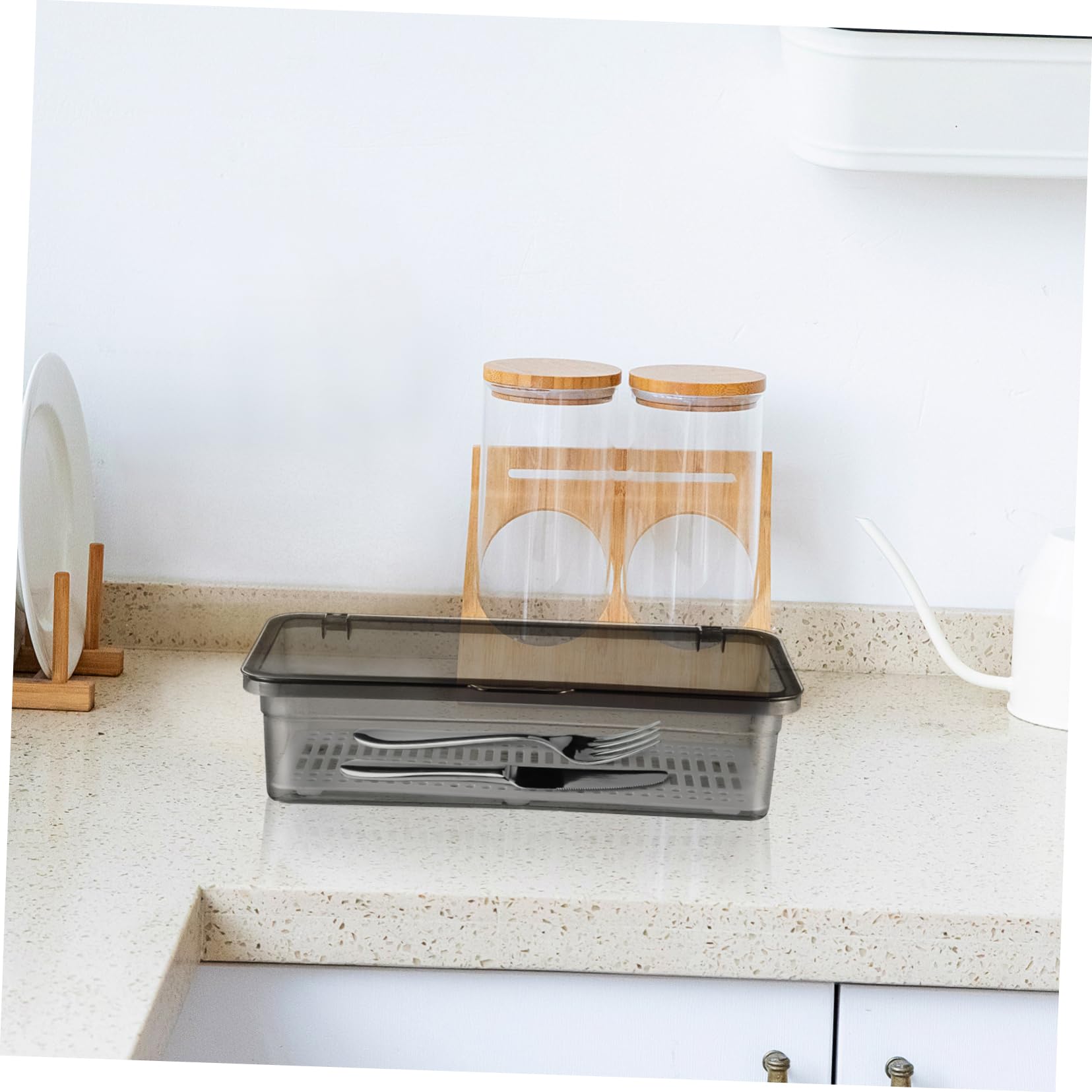 DOITOOL Flatware Tray with Lid and Drainer Kitchen Drawer Organizer, Kitchen Cutlery Tray and Utensil Drawer Organizer with Cover, Countertop Silverware Storage Container, 2.8x10x3.9