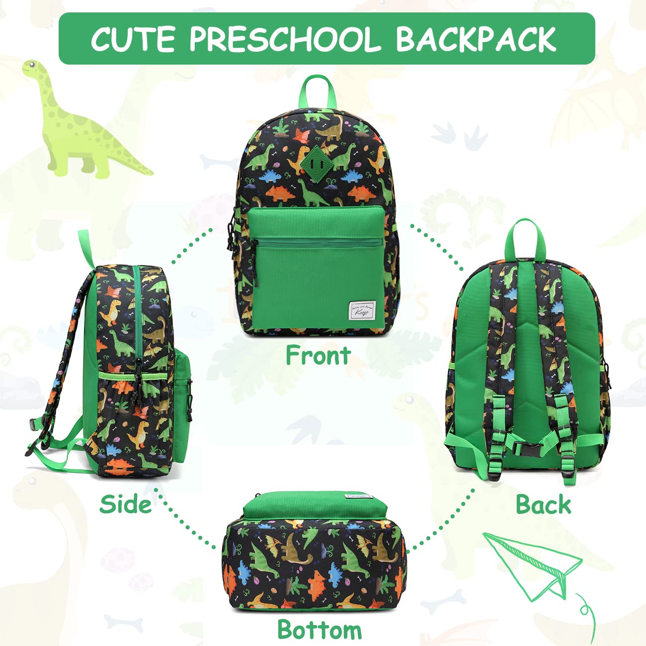 Kids Backpack, Kasqo Water Resistant Lightweight Preschool Toddler Bookbag with Chest Strap for Boys and Girls, Black Dinosaur