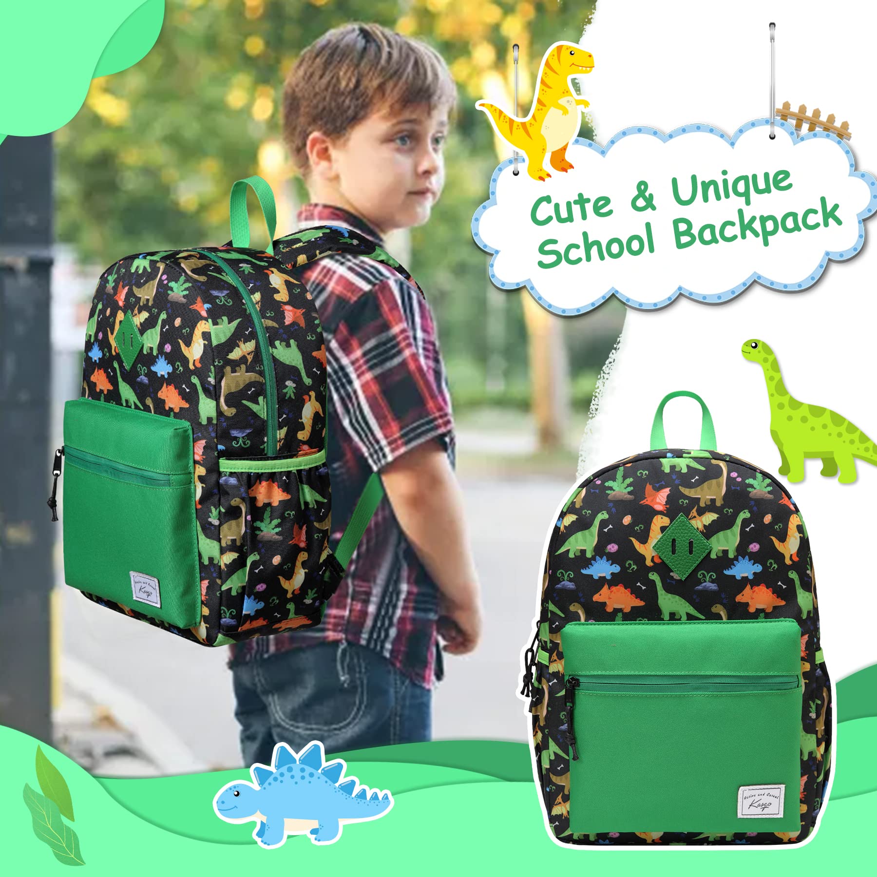 Kids Backpack, Kasqo Water Resistant Lightweight Preschool Toddler Bookbag with Chest Strap for Boys and Girls, Black Dinosaur