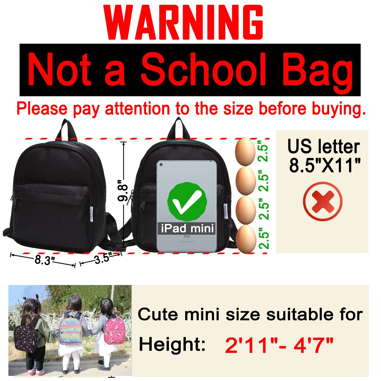 BIGHAS Lightweight Mini Kids Backpack with Chest Strap For Preschool Kindergarten Boys and Girls 3-6 Years Old 21 colors (Black)