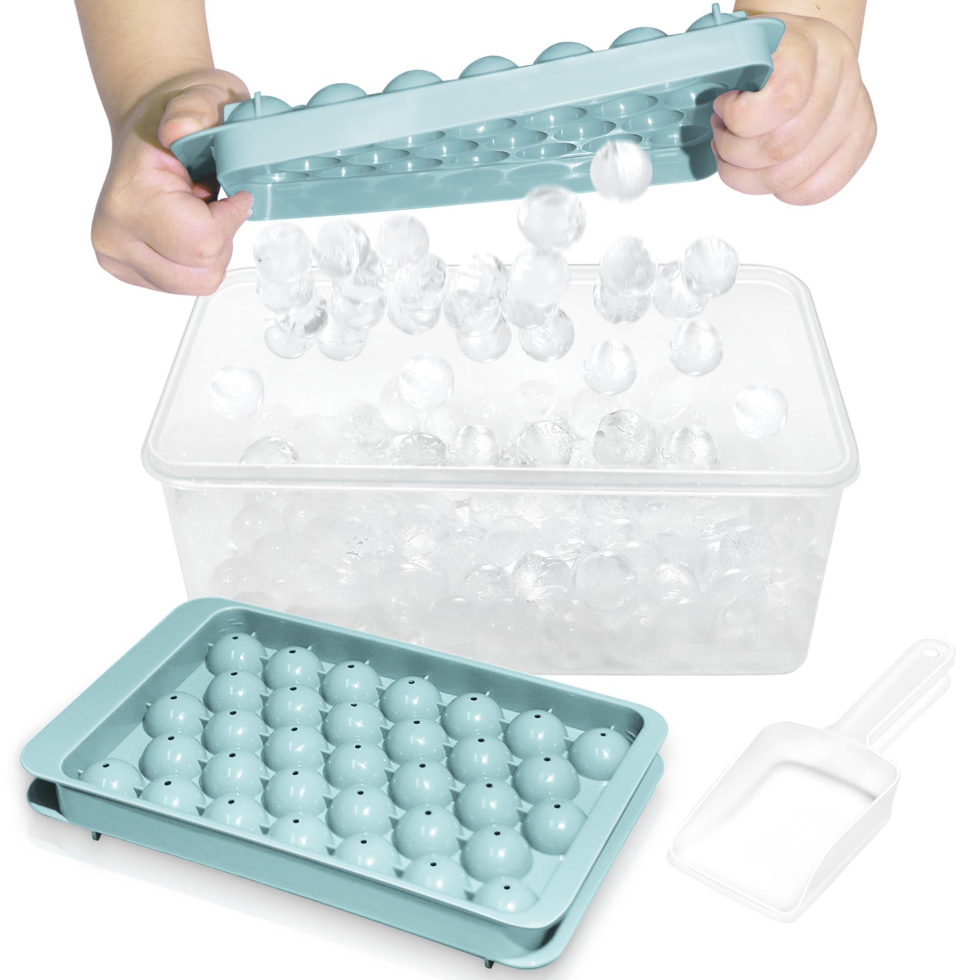 Round Ice Cube Tray with Lid & Bin Ice Ball Maker Mold for Freezer with Container Mini Circle Ice Cube Tray Making 66PCS Sphere Ice Chilling Cocktail Whiskey Tea Coffee 2 Trays 1 ice Bucket & Scoop