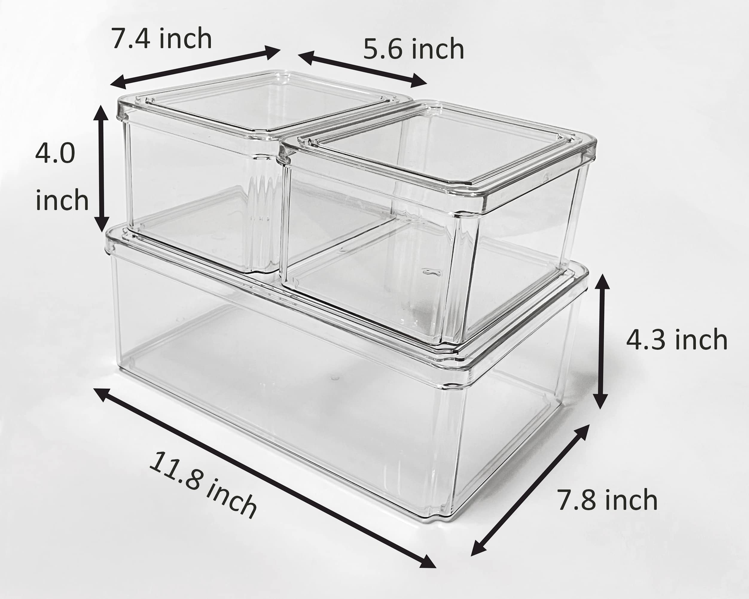 Refrigerator Organizer Bins with Lips BOPEY BPA Free Stackable Plastic Clear Food Storage Bin Multipurpose Box for Freezer Fridge Kitchen Pantry Countertop Dresser, 3-pack(2 Medium 1 Large)