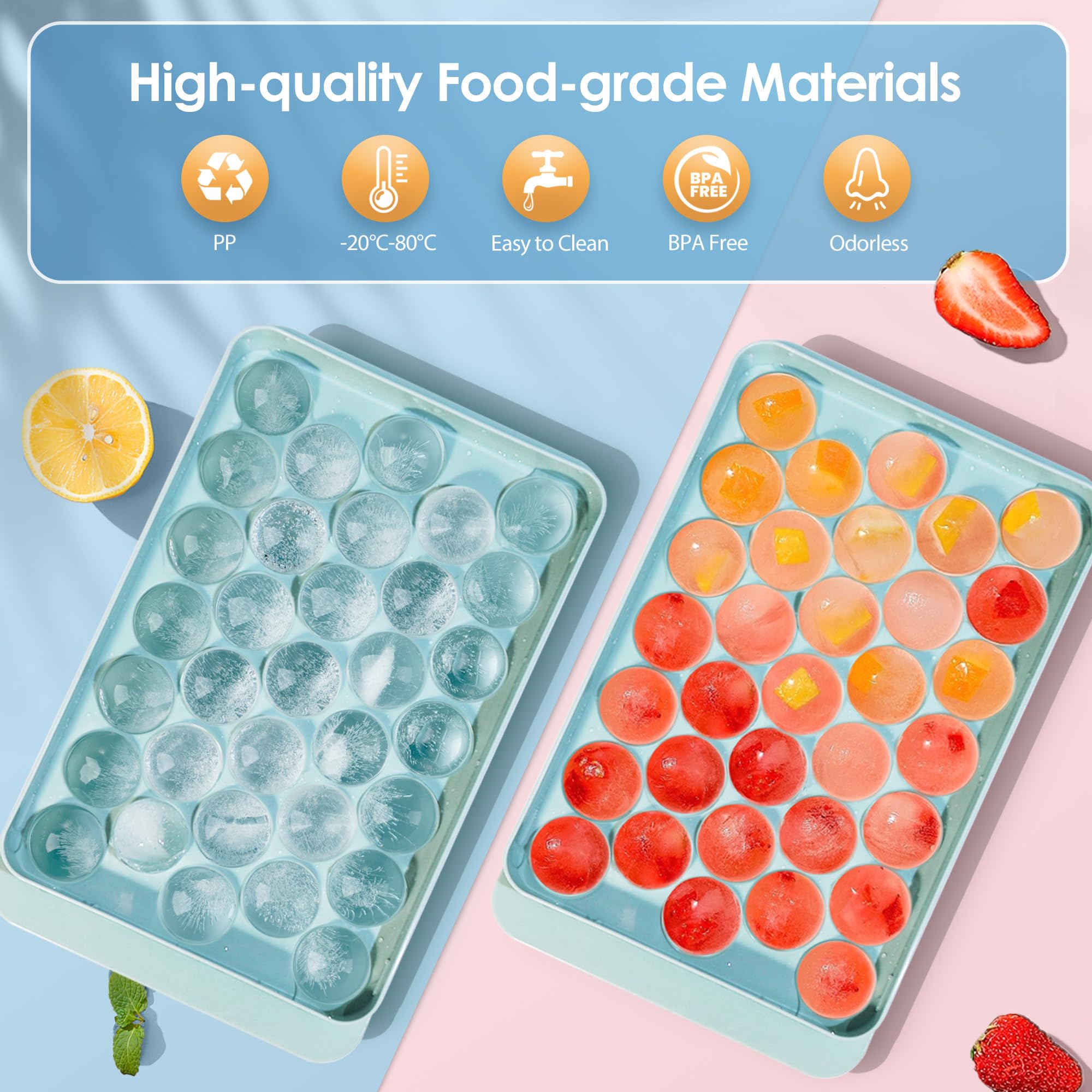 Round Ice Cube Tray with Lid & Bin Ice Ball Maker Mold for Freezer with Container Mini Circle Ice Cube Tray Making 66PCS Sphere Ice Chilling Cocktail Whiskey Tea Coffee 2 Trays 1 ice Bucket & Scoop