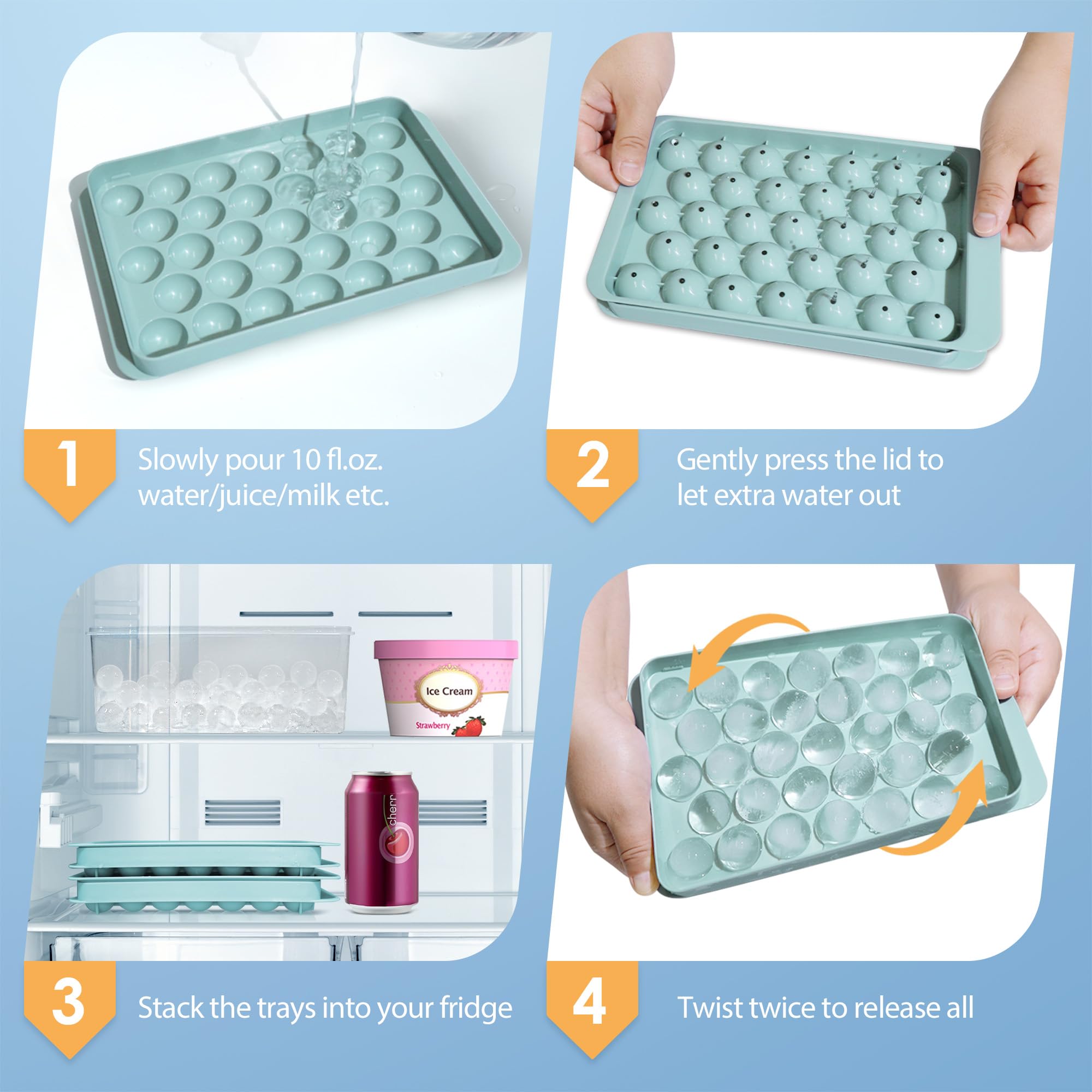 Round Ice Cube Tray with Lid & Bin Ice Ball Maker Mold for Freezer with Container Mini Circle Ice Cube Tray Making 66PCS Sphere Ice Chilling Cocktail Whiskey Tea Coffee 2 Trays 1 ice Bucket & Scoop