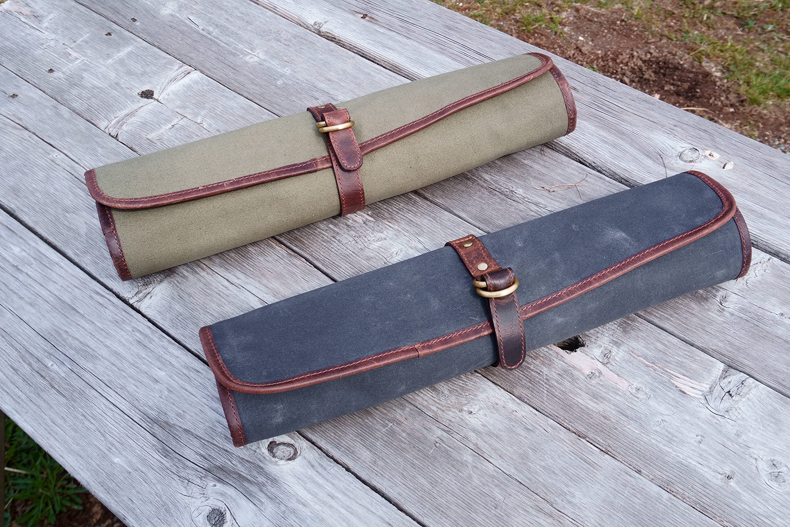 Chef Kniferoll Bag Leather and Waxed Canvas (Olive Green)