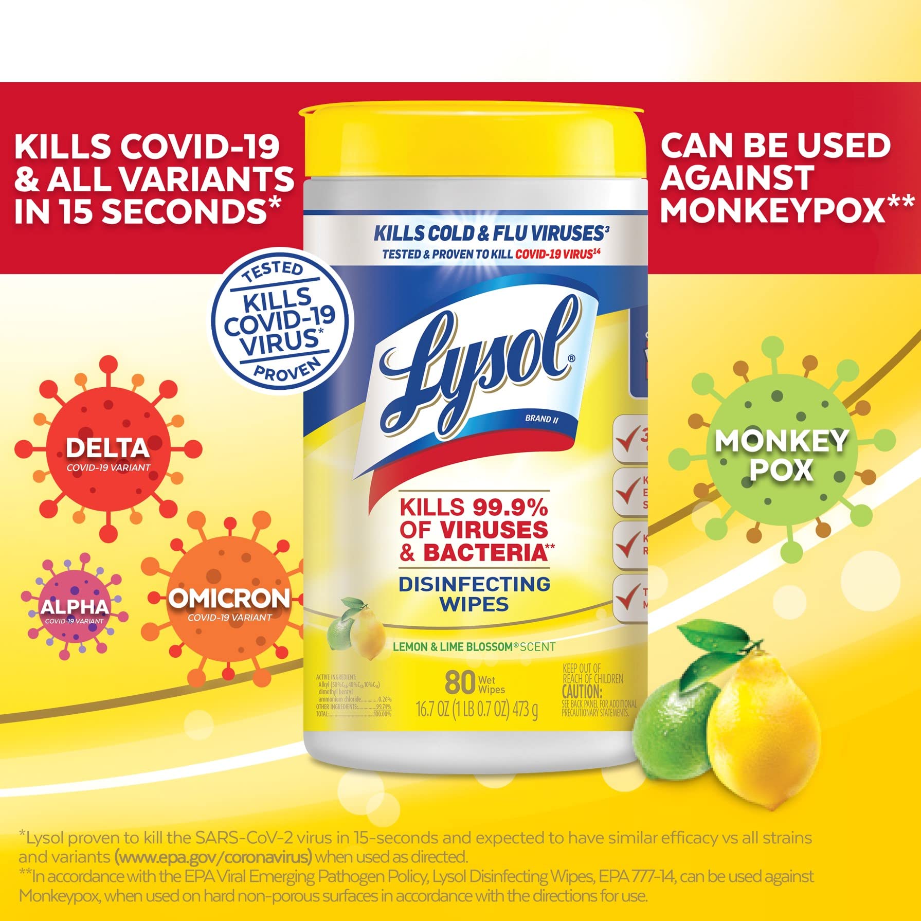 Lysol Disinfectant Wipes, Multi-Surface Antibacterial Cleaning Wipes, For Disinfecting and Cleaning, Lemon and Lime Blossom, 80 Count (Pack of 1)