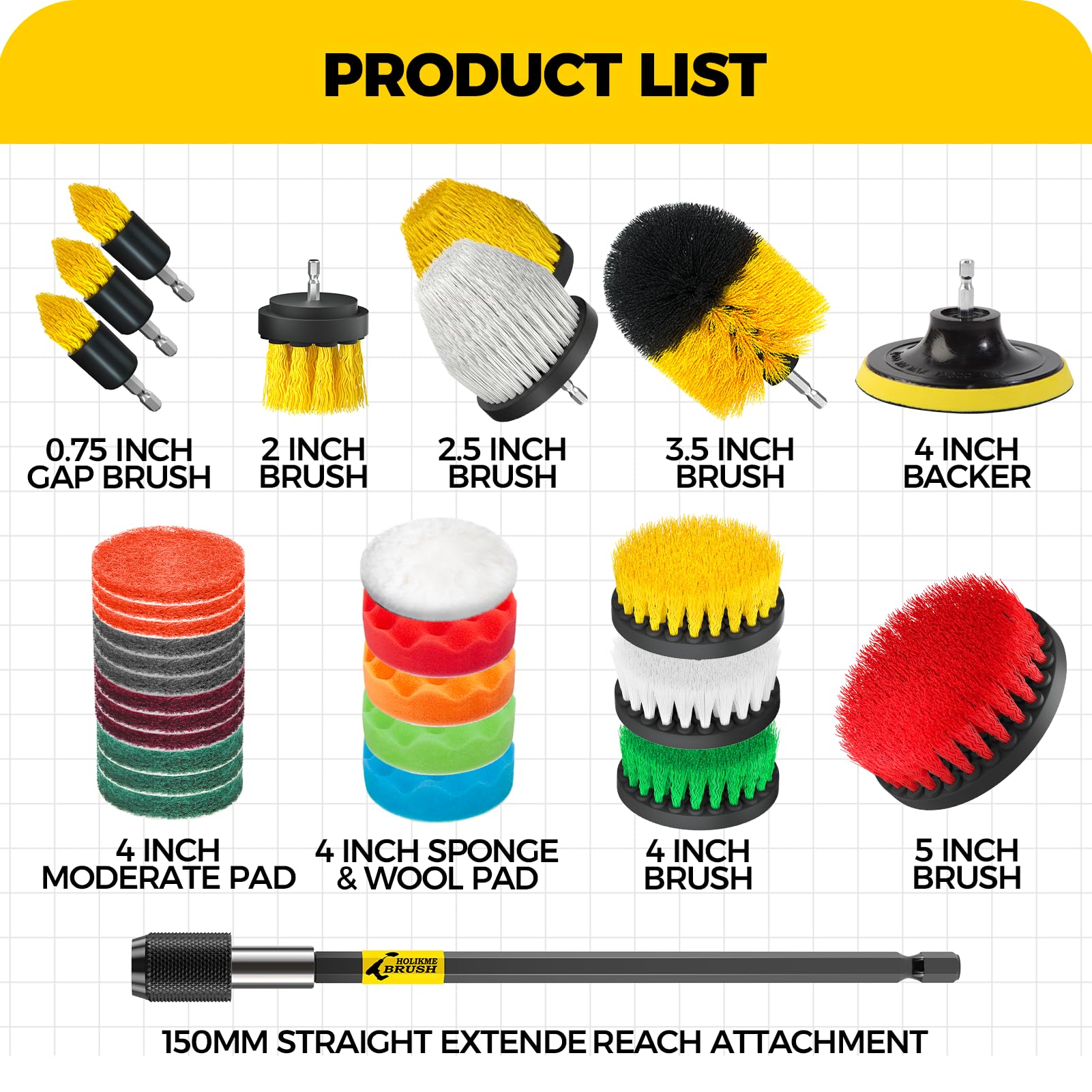 Holikme 30 Piece Drill Brush Attachments Set,Scrub Pads & Sponge, Power Scrubber Brush with Extend Long Attachment All Purpose Clean for Grout, Tiles, Sinks, Bathtub, Bathroom, Kitchen