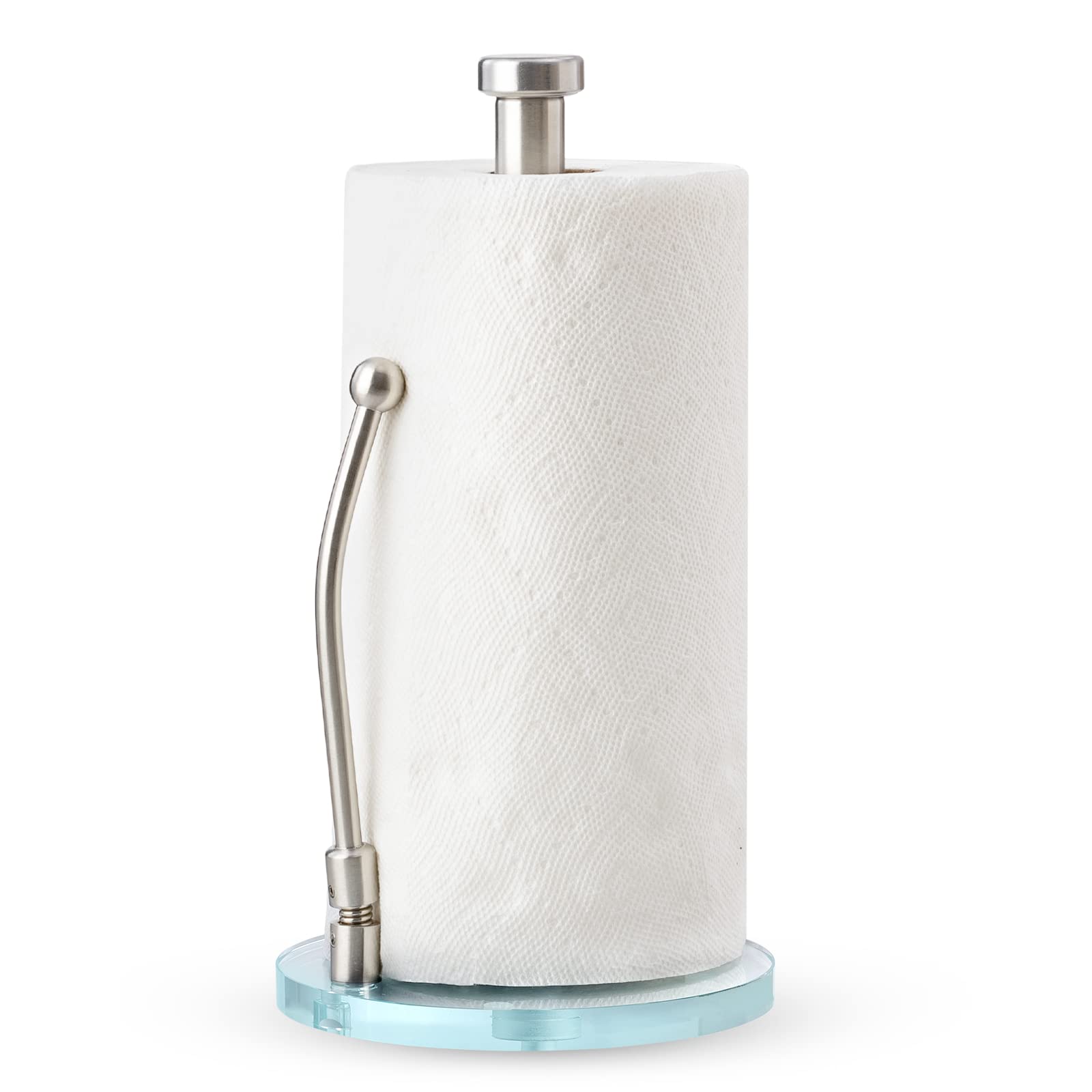 Kitchen Paper Towel Holder - LUKA Glass Weighted Base Modern Paper Towel Standing Fits Standard & Jumbo Rolls; Adjustable Spring Arm Upright Easy Tear Paper Towel Dispenser for Countertop Tables